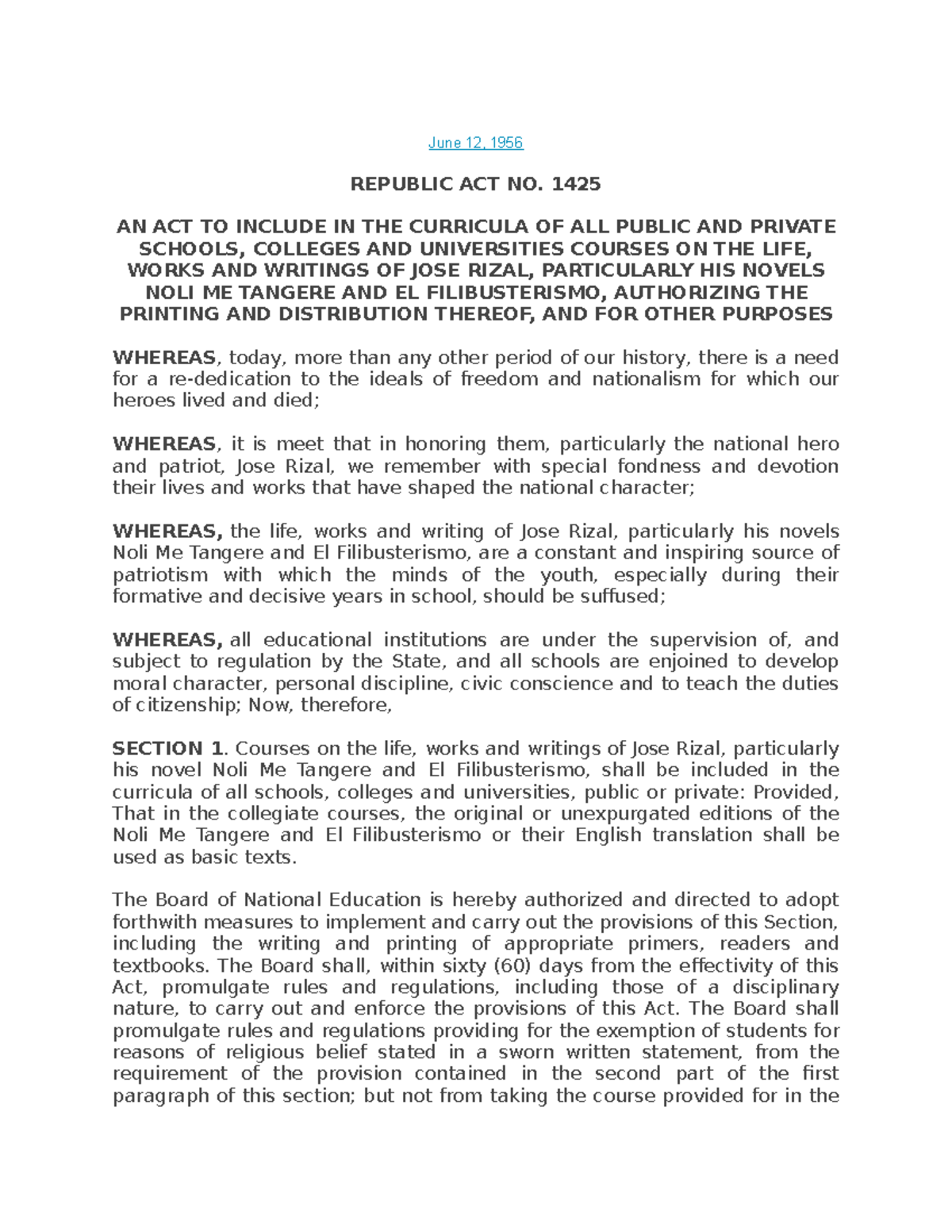 RA 1425 ( Phili 1100) - Lecture notes 1 - June 12, 1956 REPUBLIC ACT NO ...