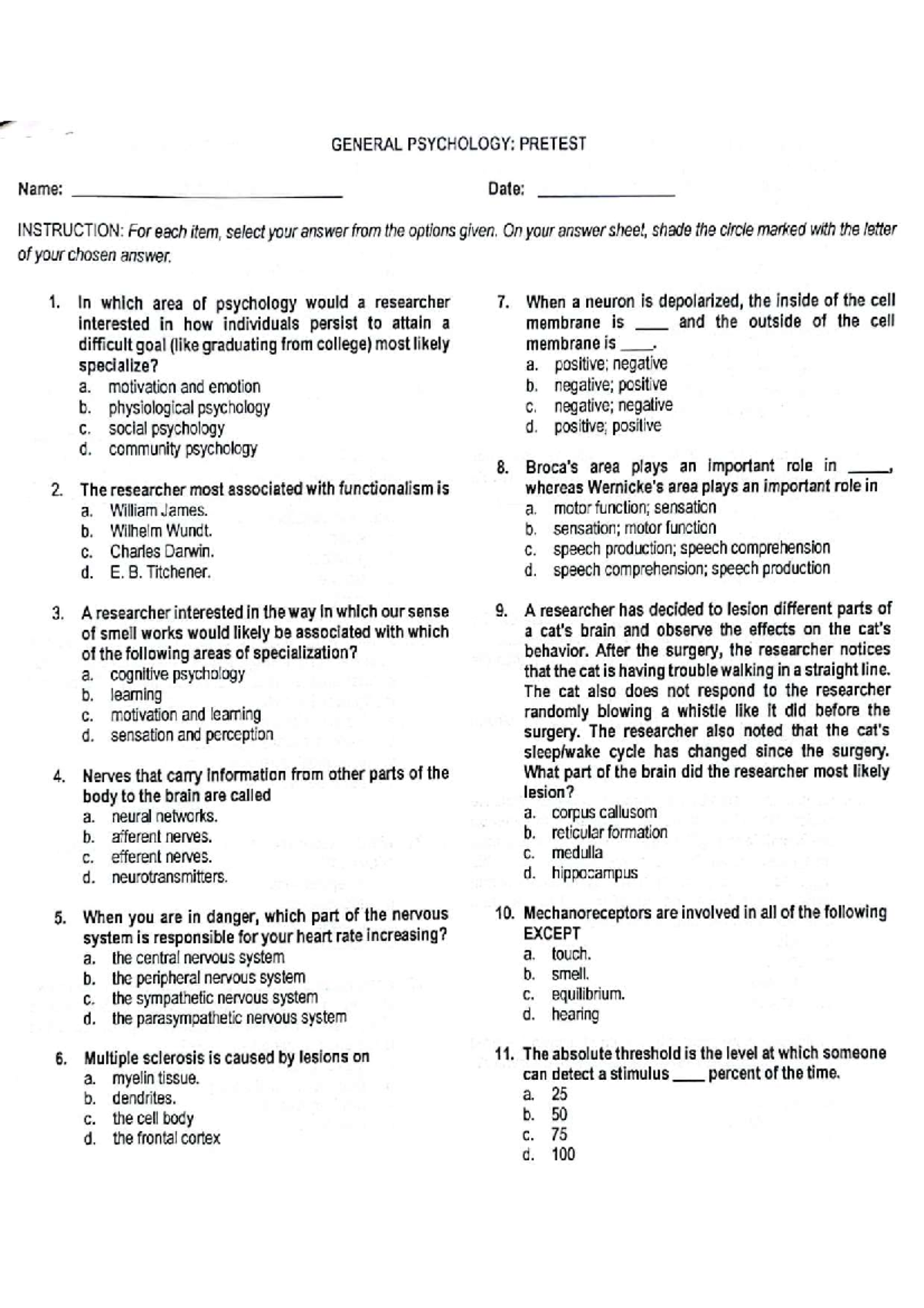 General Psychology Pretest - Studocu