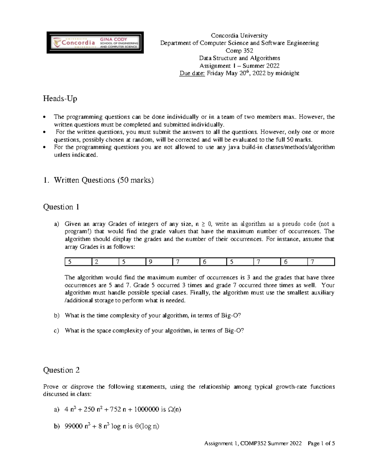 Assignment 1 Tasks - Concordia University Department of Computer ...