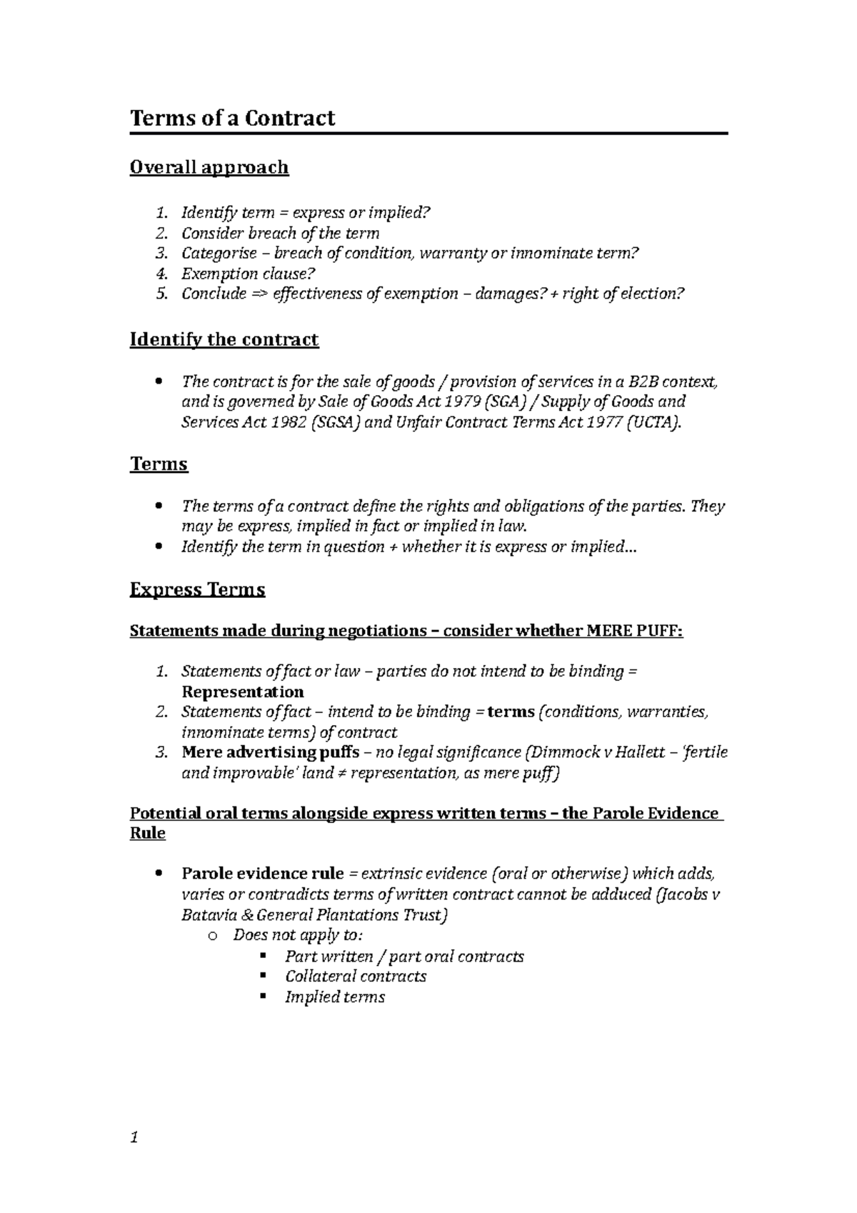 05 Terms of a Contract - Terms of a Contract Overall approach Identify ...
