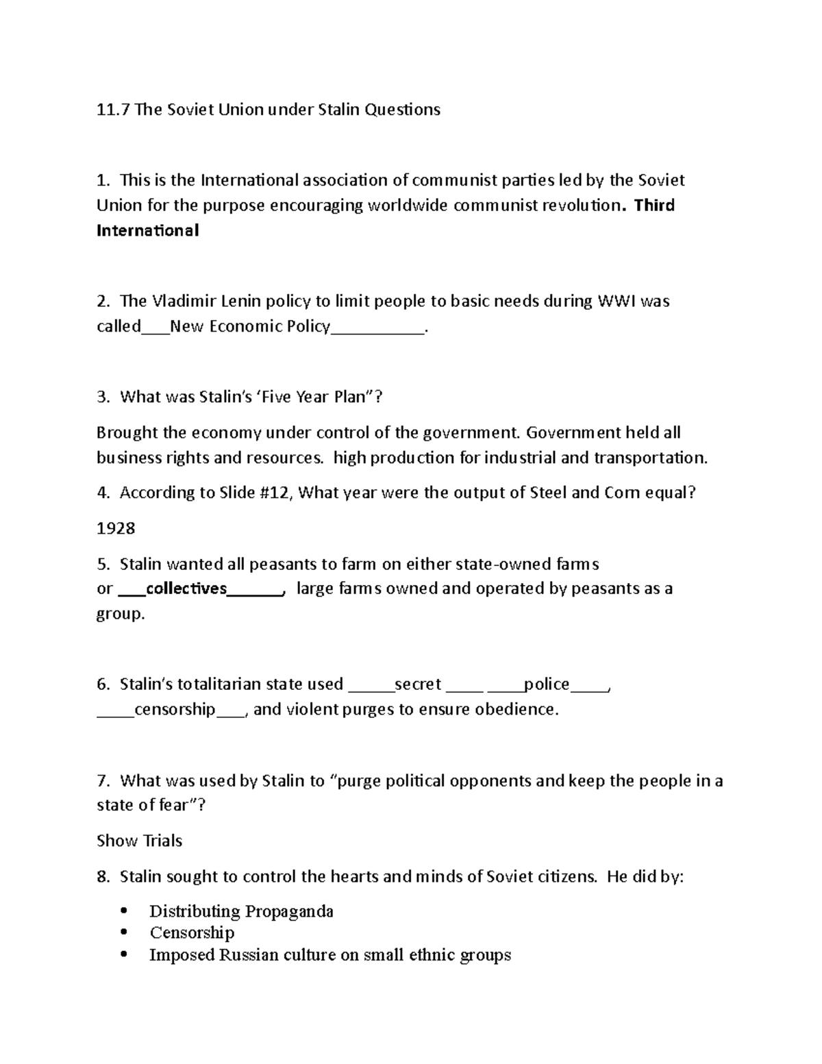 11.7 - The Soviet Union under Stalin Questions - 11 The Soviet Union ...