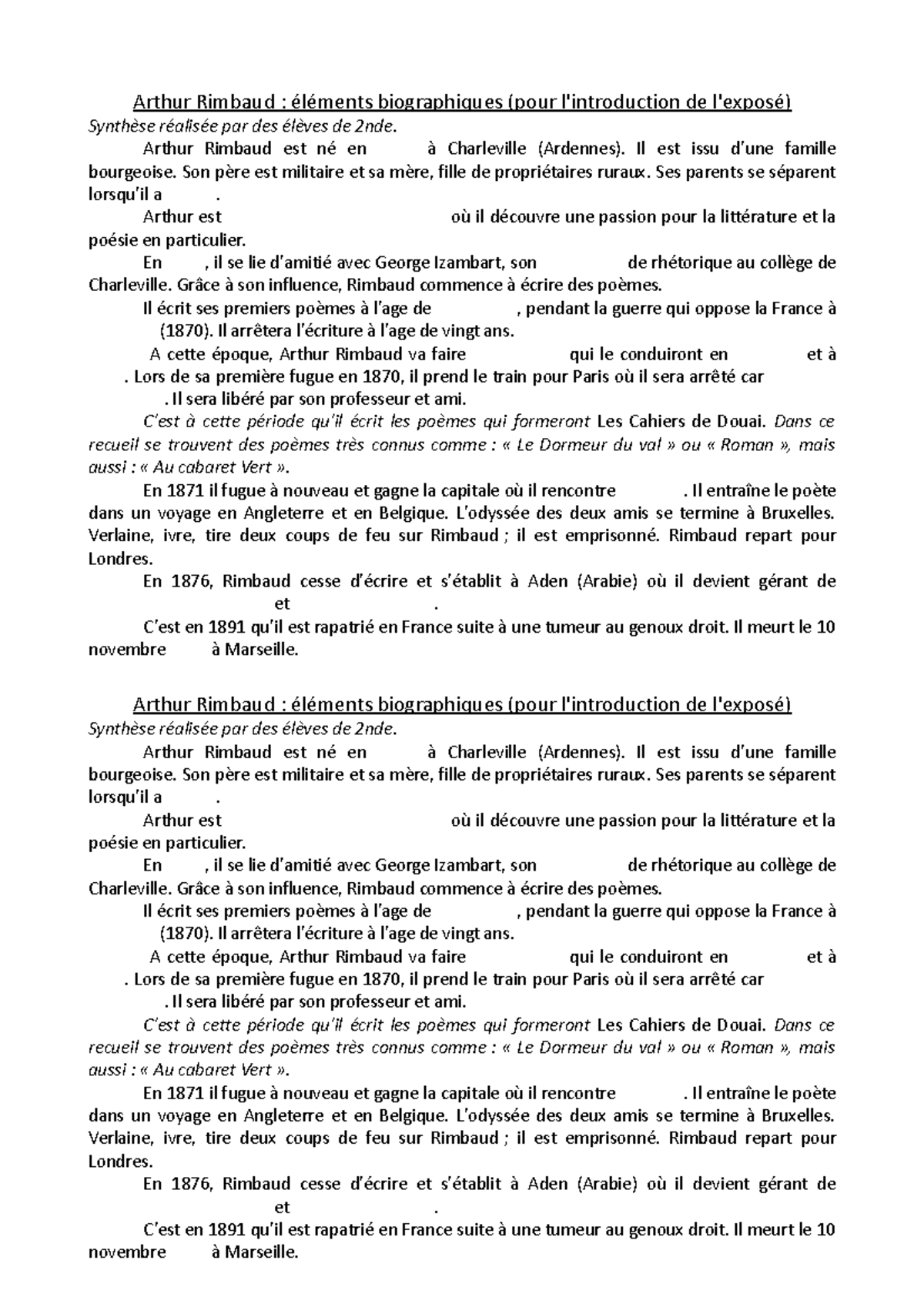 Rimbaud biographie - Arthur Rimbaud : éléments biographiques (pour l ...