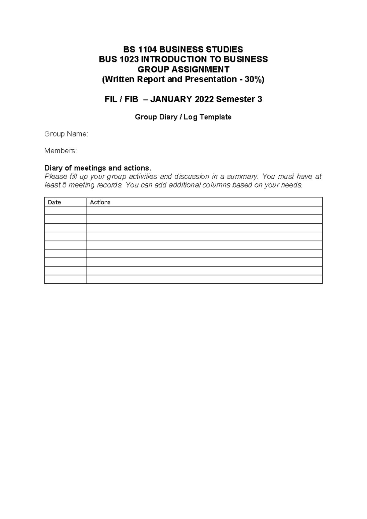 Group Diary Template (Jan 2022 S3) - Business studies - BS 1104 ...