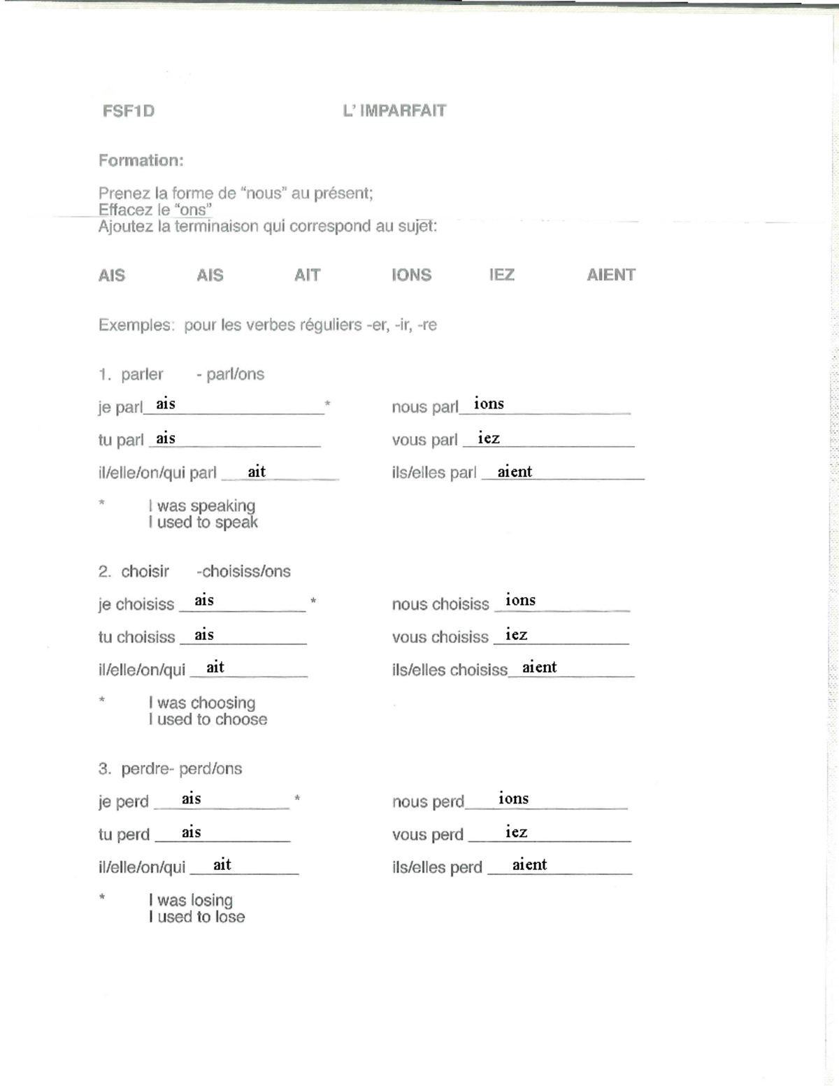 Imparfe Notes - FSF1D L’ IMPARFAIT Formation: Prenez la forme de “nous ...