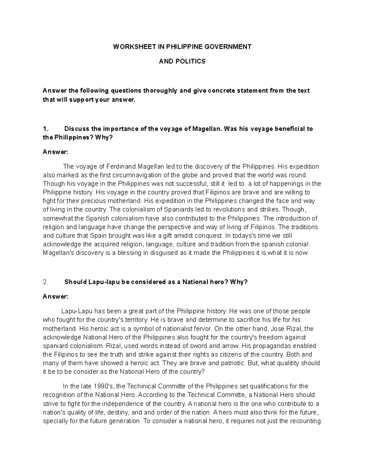 History Essays - Answer the following questions thoroughly and give ...