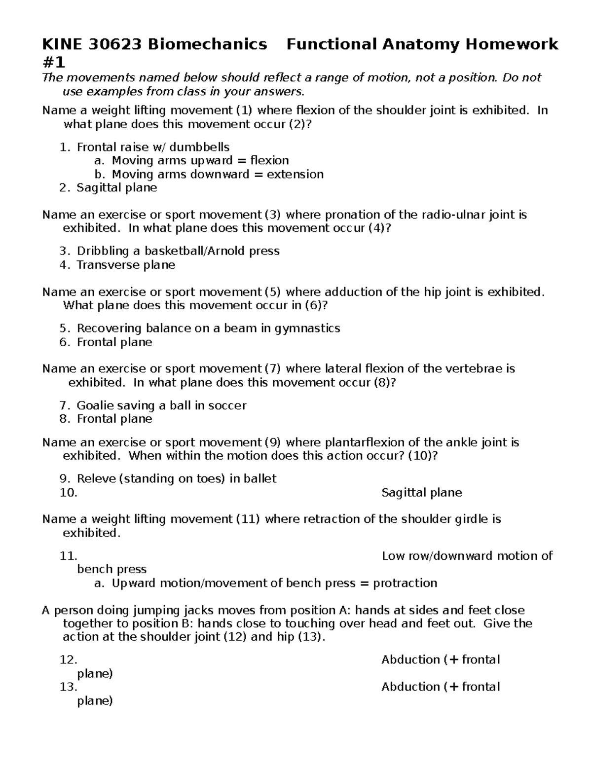 Module I II Funct Anat HW1 - KINE 30623 Biomechanics Functional Anatomy ...