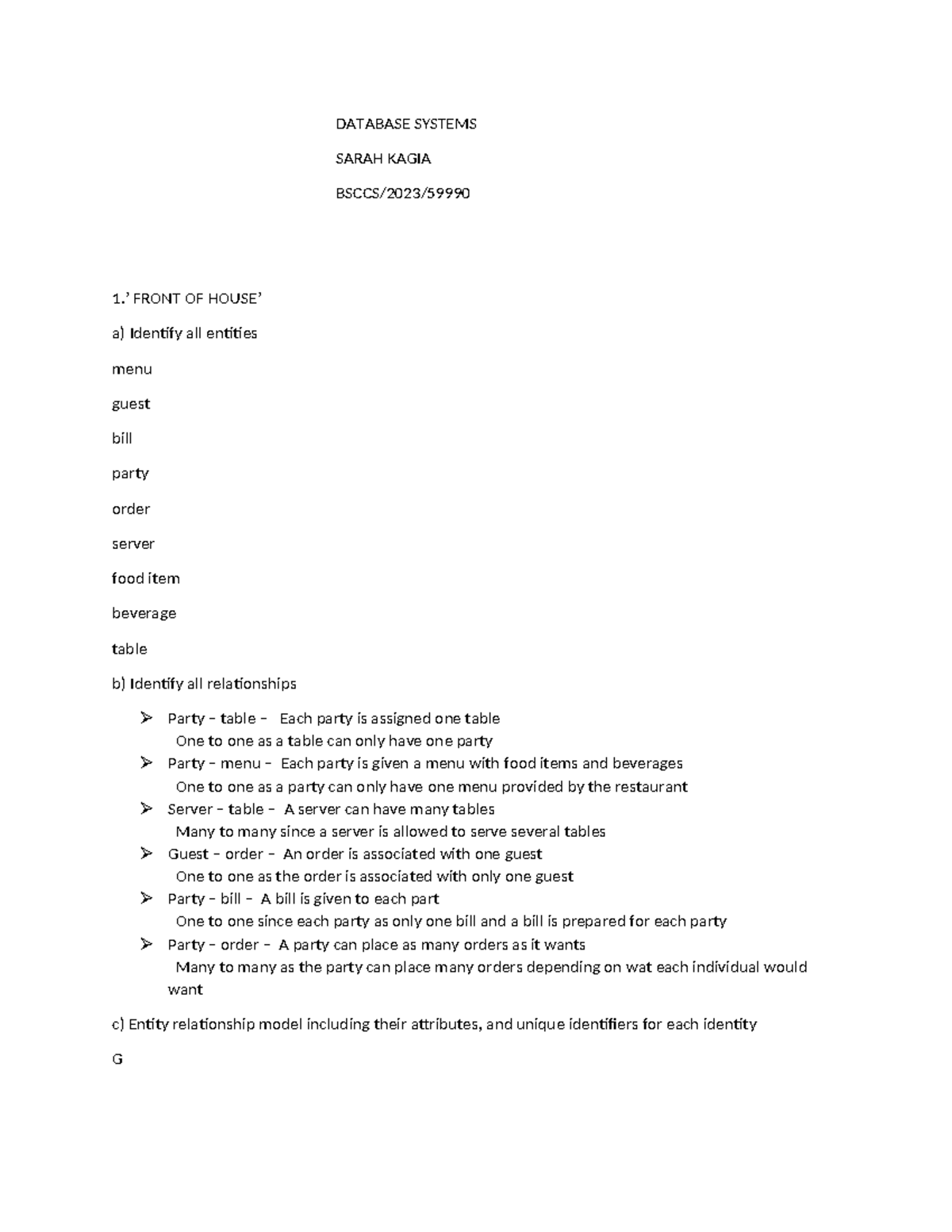 Database Systems 1 Notes Database Systems Sarah Kagia Bsccs2023 1 Front Of House A 