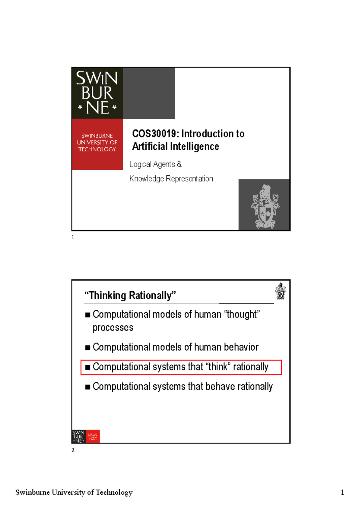COS30019 Lecture 06-2spp - COS30019: Introduction to Artificial Intelligence Logical Agents ...