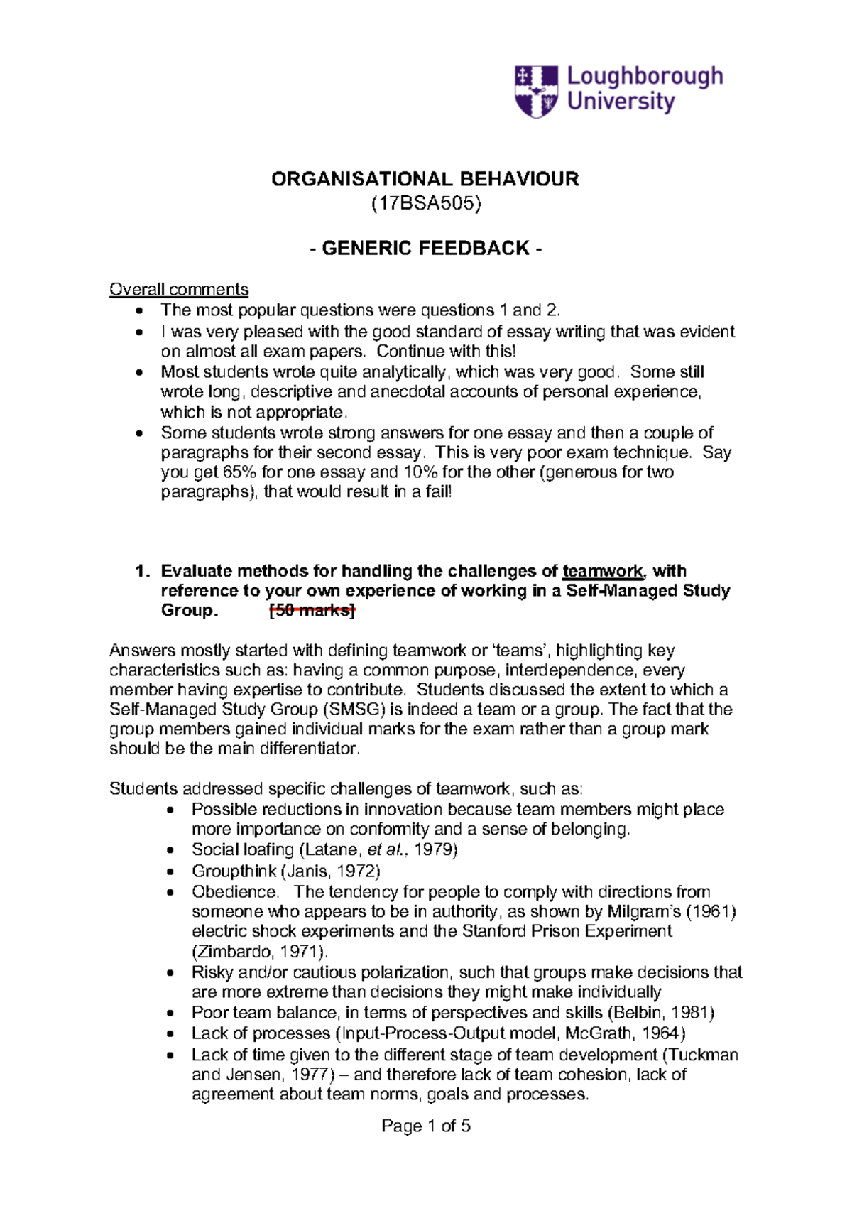 17BSA505 generic feedback on the exam - ORGANISATIONAL BEHAVIOUR ...