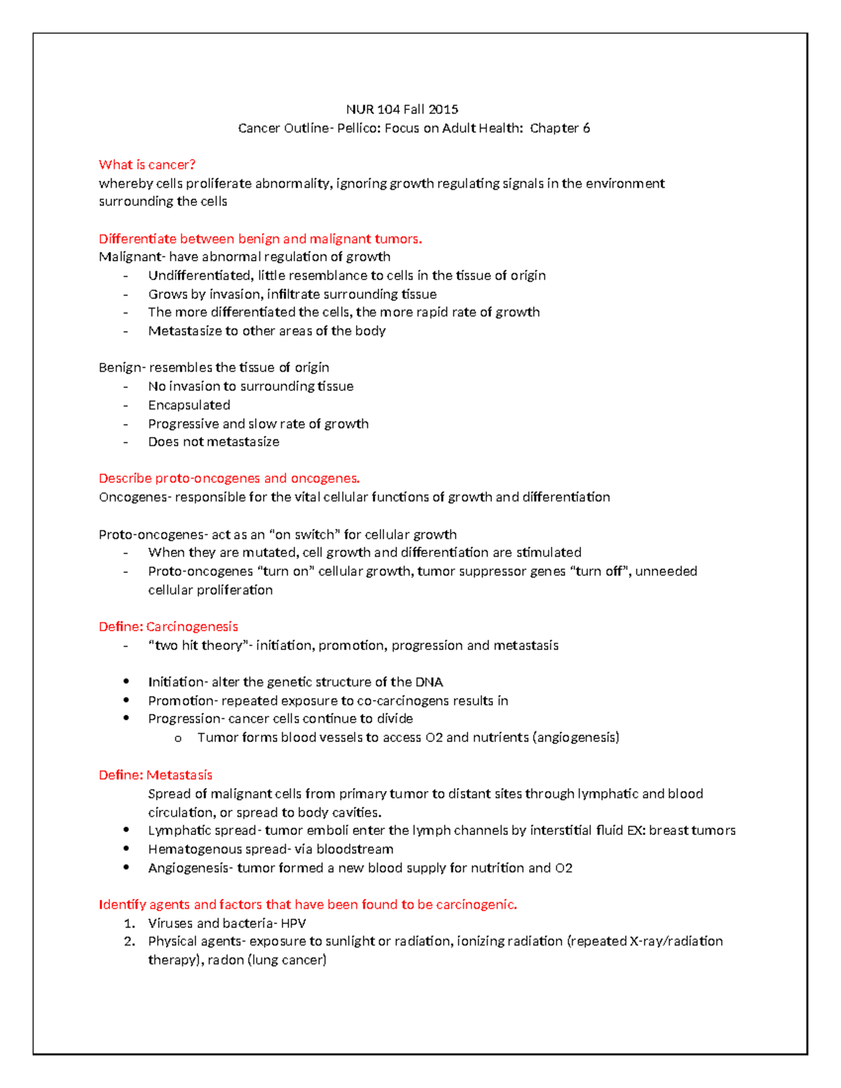 Cancer Outline - study guide for test 2 - NUR 104 Fall 2015 Cancer ...