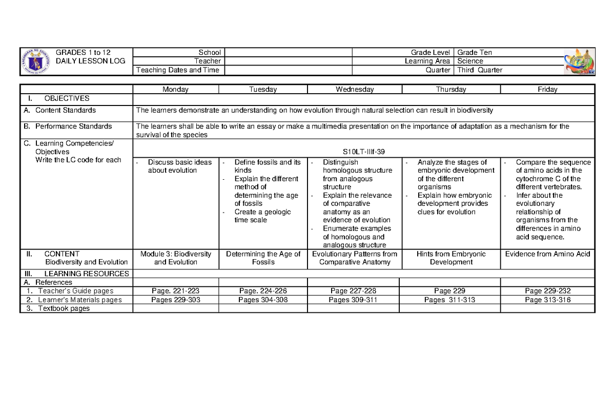 DLL MOD.3 PART 1 3RD QRTR G10 - GRADES 1 to 12 DAILY LESSON LOG School Grade Level Grade Ten ...