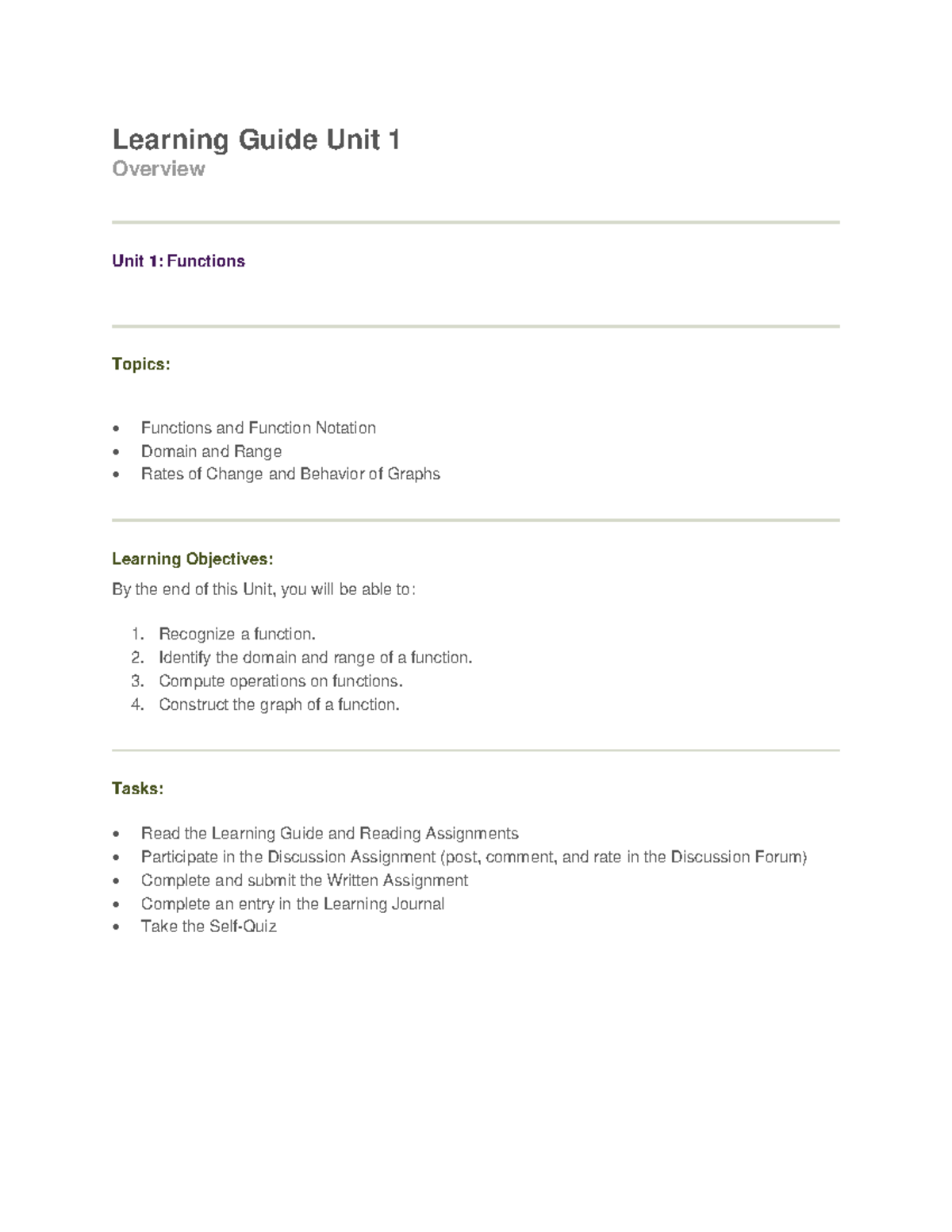 Week one learning journal - Learning Guide Unit 1 Overview Unit 1: Functions Topics: Functions ...