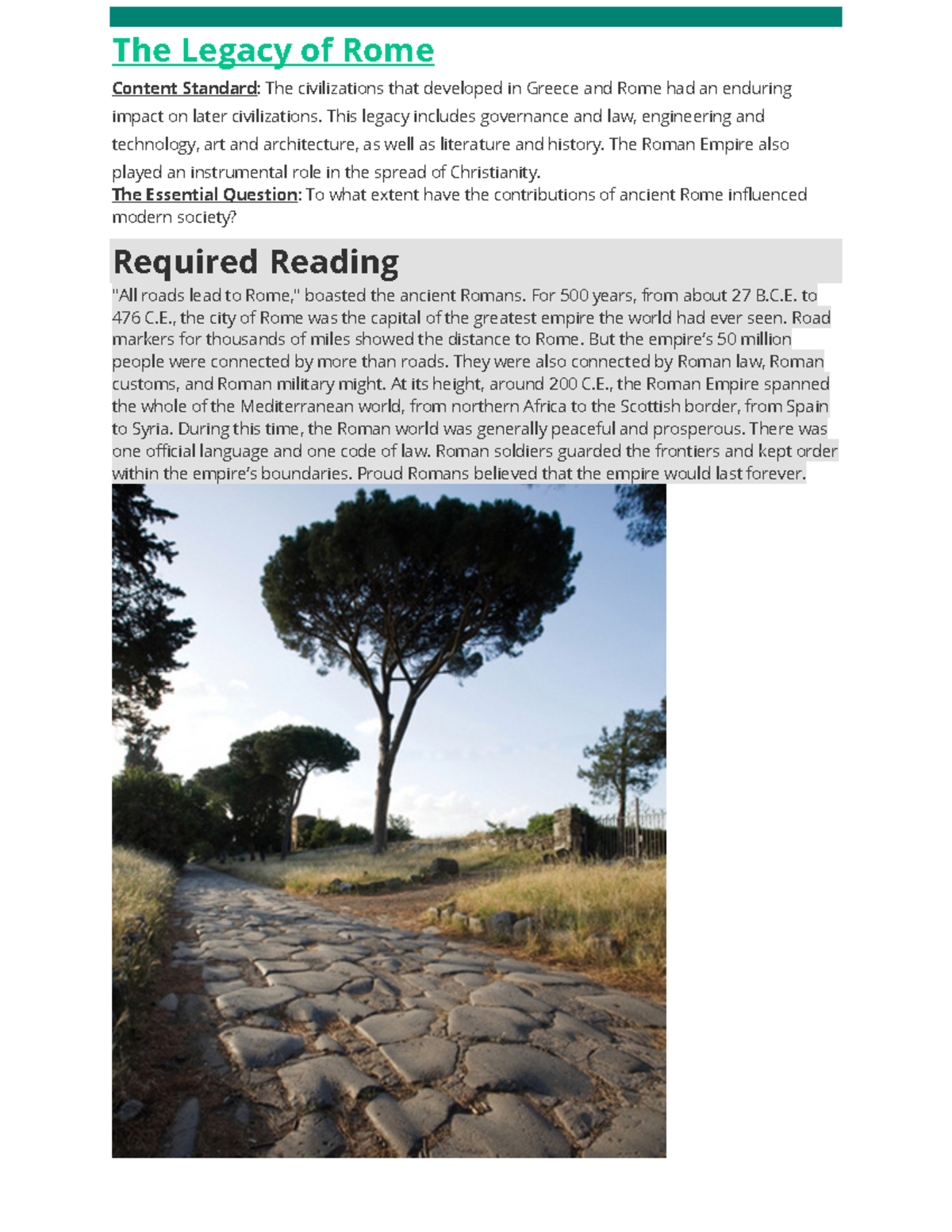 The Legacy of Rome - Science - The Legacy of Rome Content Standard: The ...