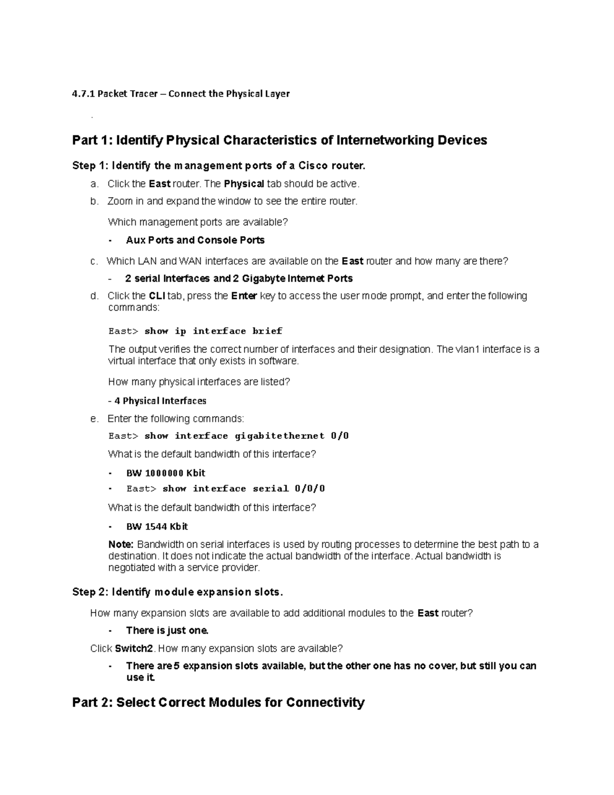 4 - emememem - 4.7 Packet Tracer – Connect the Physical Layer . Part 1 ...