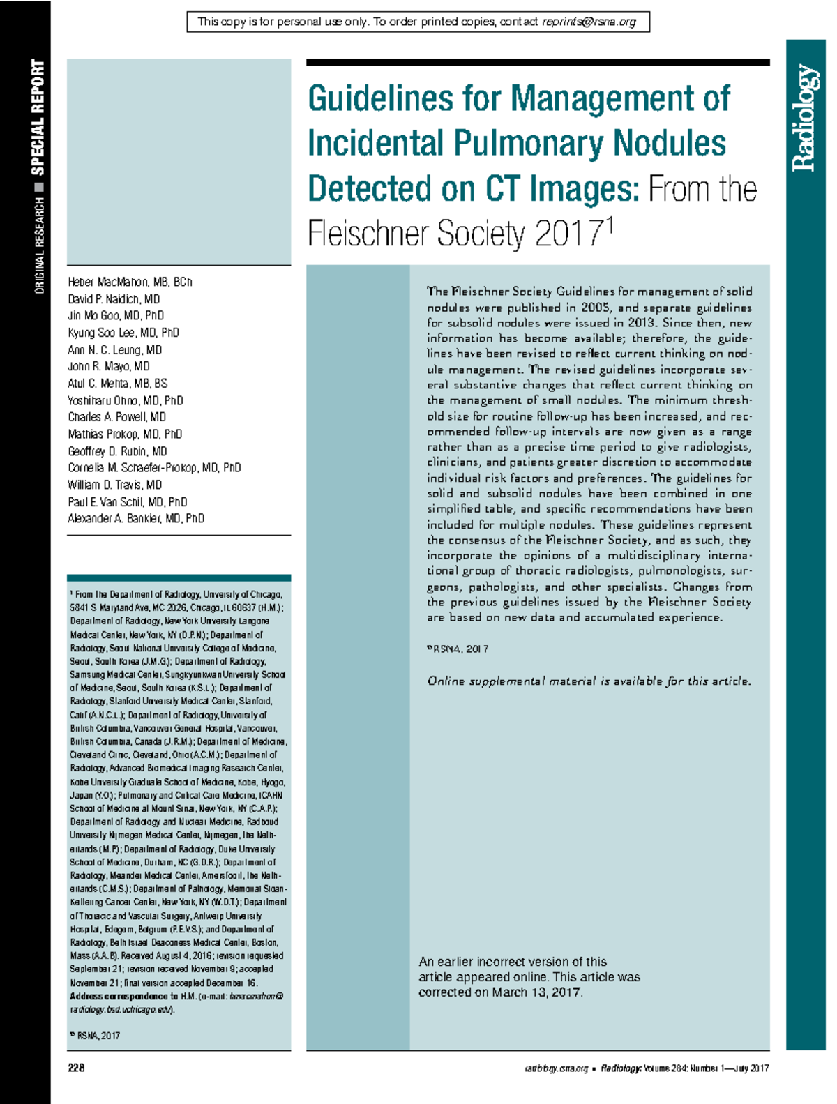 Macmahon et al 2017 guidelines for management of incidental pulmonary ...