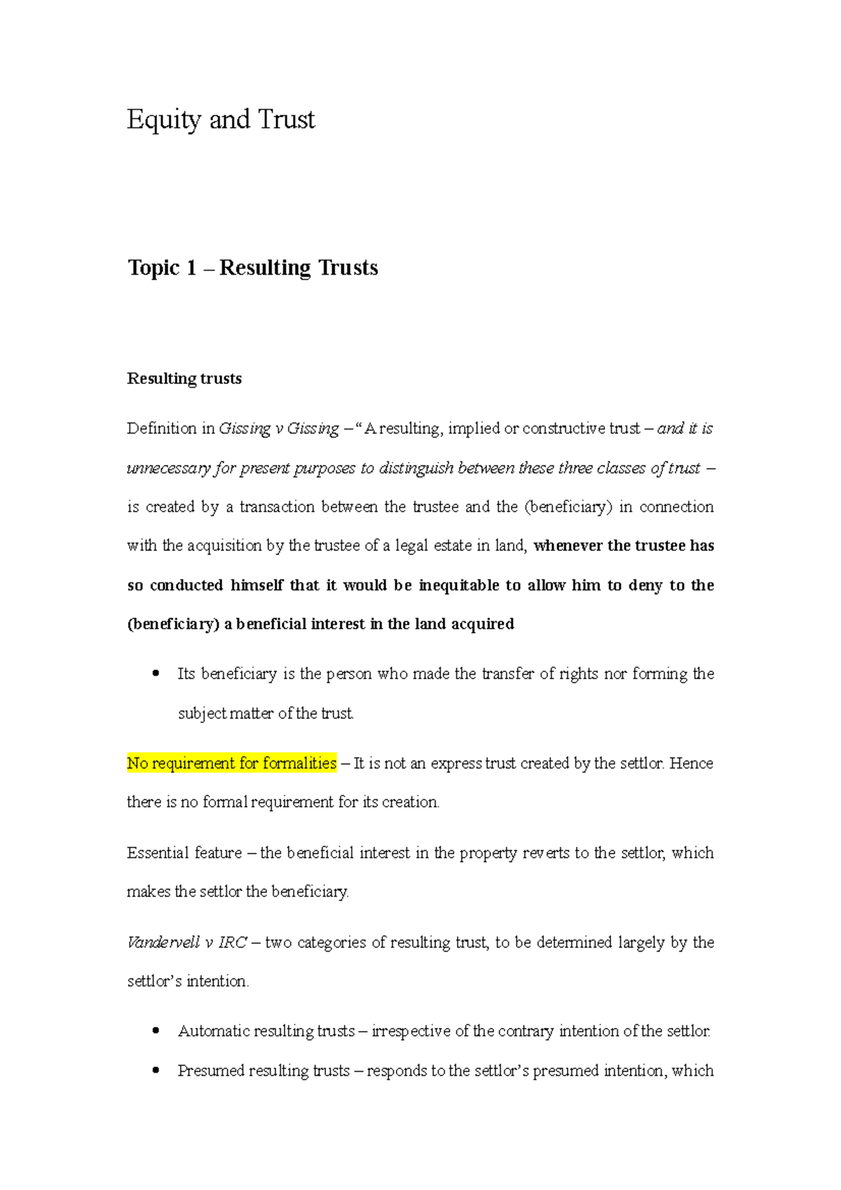 Equity and Trust - Equity and Trust Topic 1 – Resulting Trusts ...