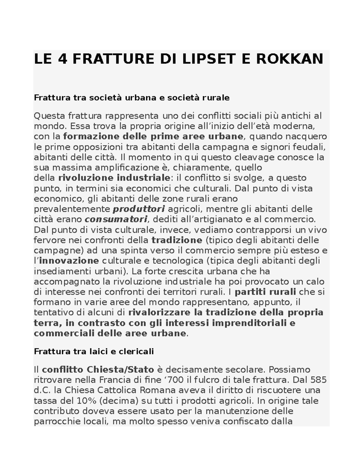 Fratture Lipset E Rokkan - LE 4 FRATTURE DI LIPSET E ROKKAN Frattura ...
