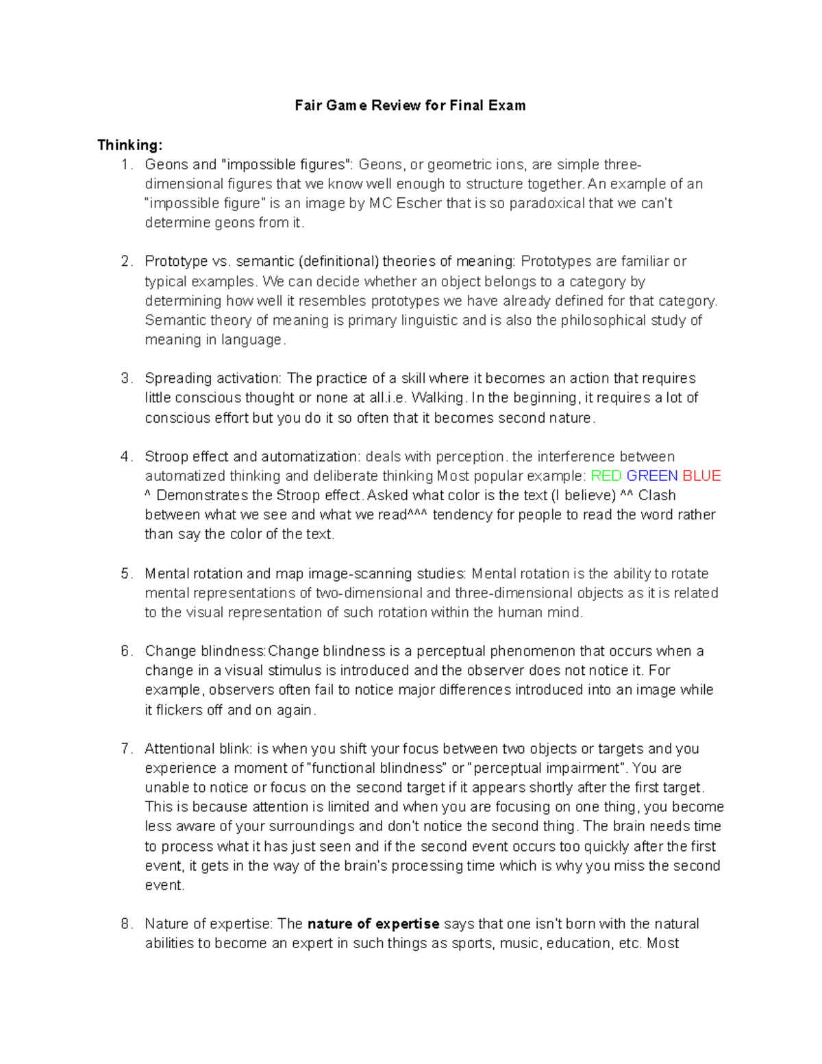 PSY 1 Intro To Psych Final Exam Fairgame Sheet Fair Game Review For