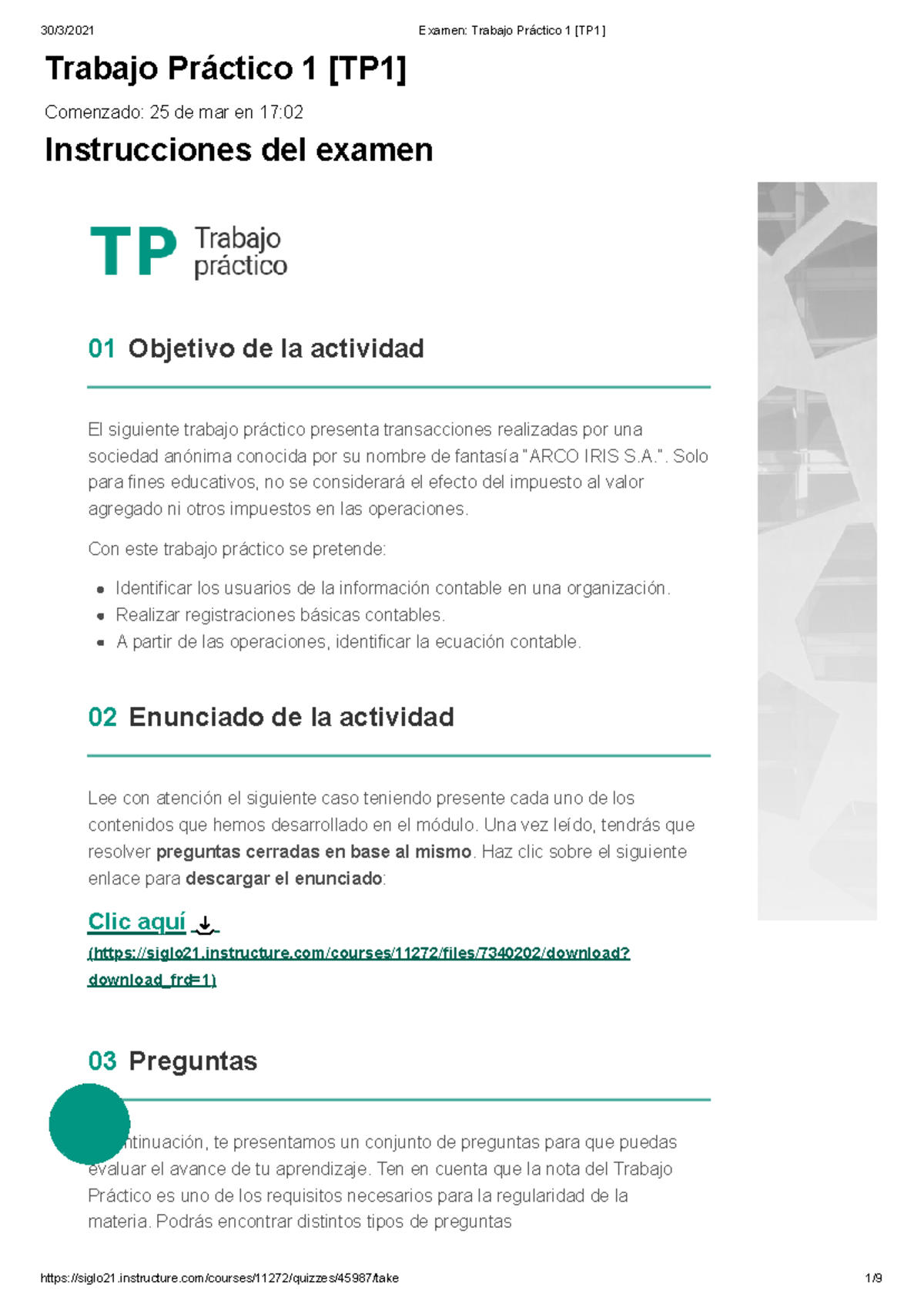 TP1 Contabilidad 90% - Trabajo Práctico 1 [TP1] Comenzado: 25 de mar en 17: Instrucciones del ...