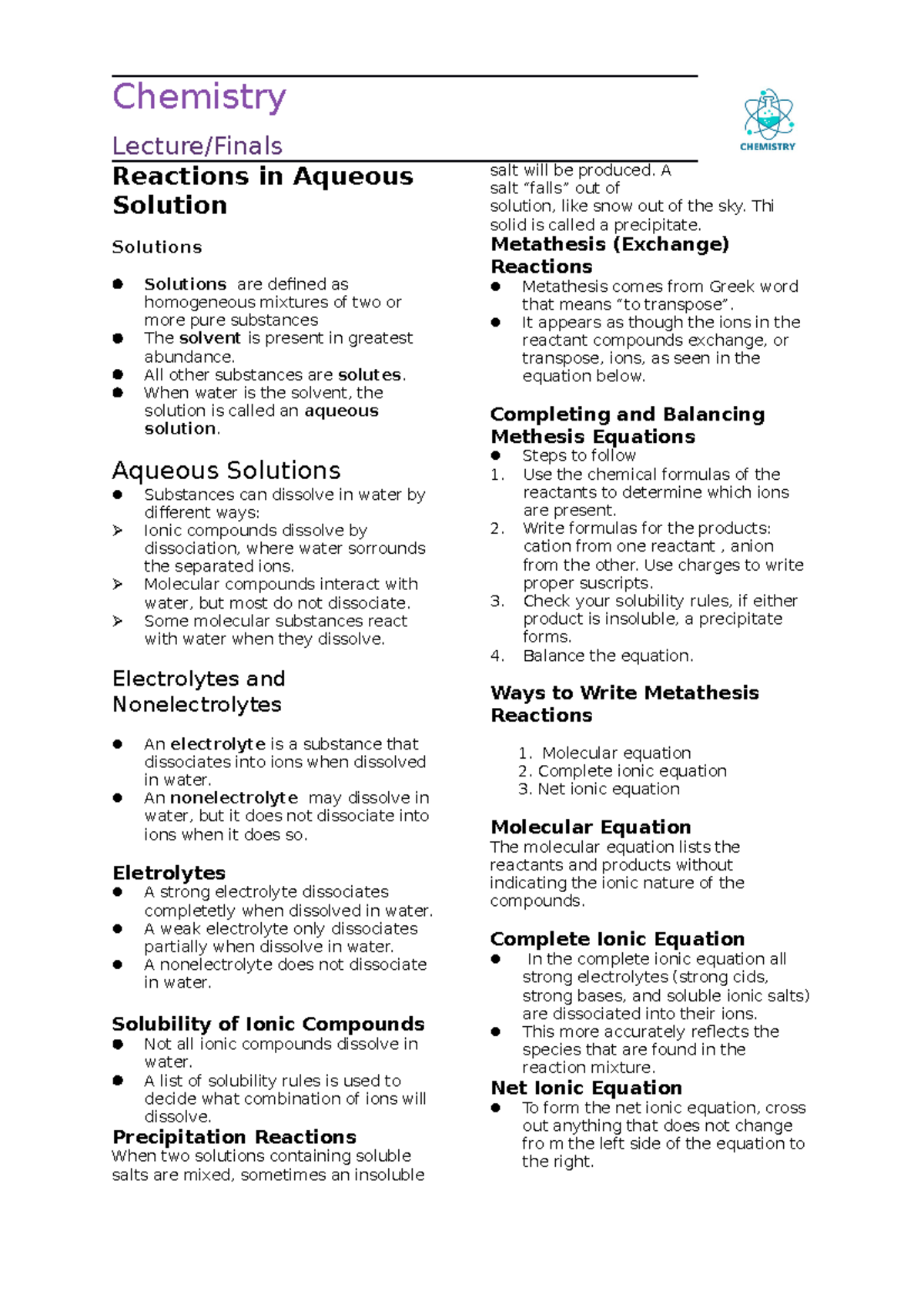 Reactions in Aqueous Solution Notes - Chemistry Lecture/Finals ...