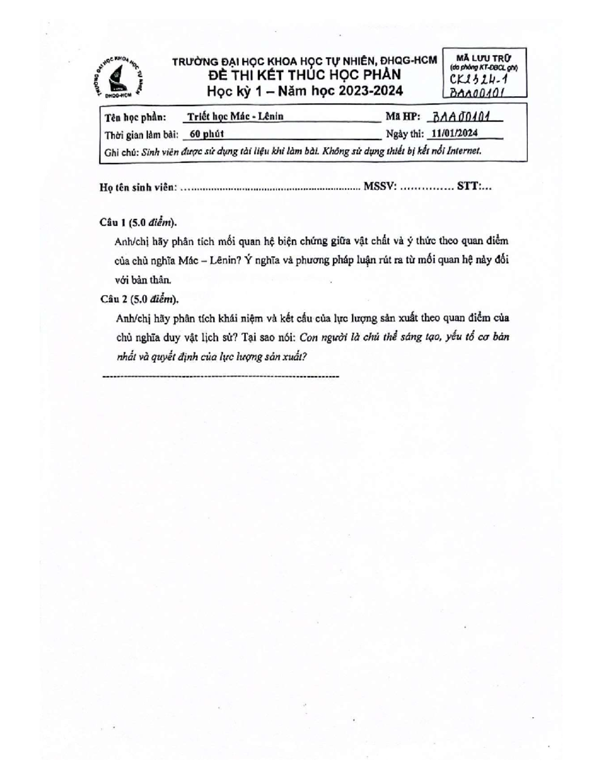 Đề thi kết thúc học phần Triết học Max-Lenin Hcmus - Triết học Mác ...