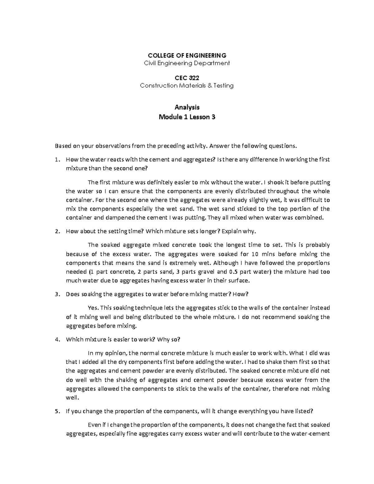 CEC322 Module 1Analysis 3 - COLLEGE OF ENGINEERING Civil Engineering Department CEC 322 ...