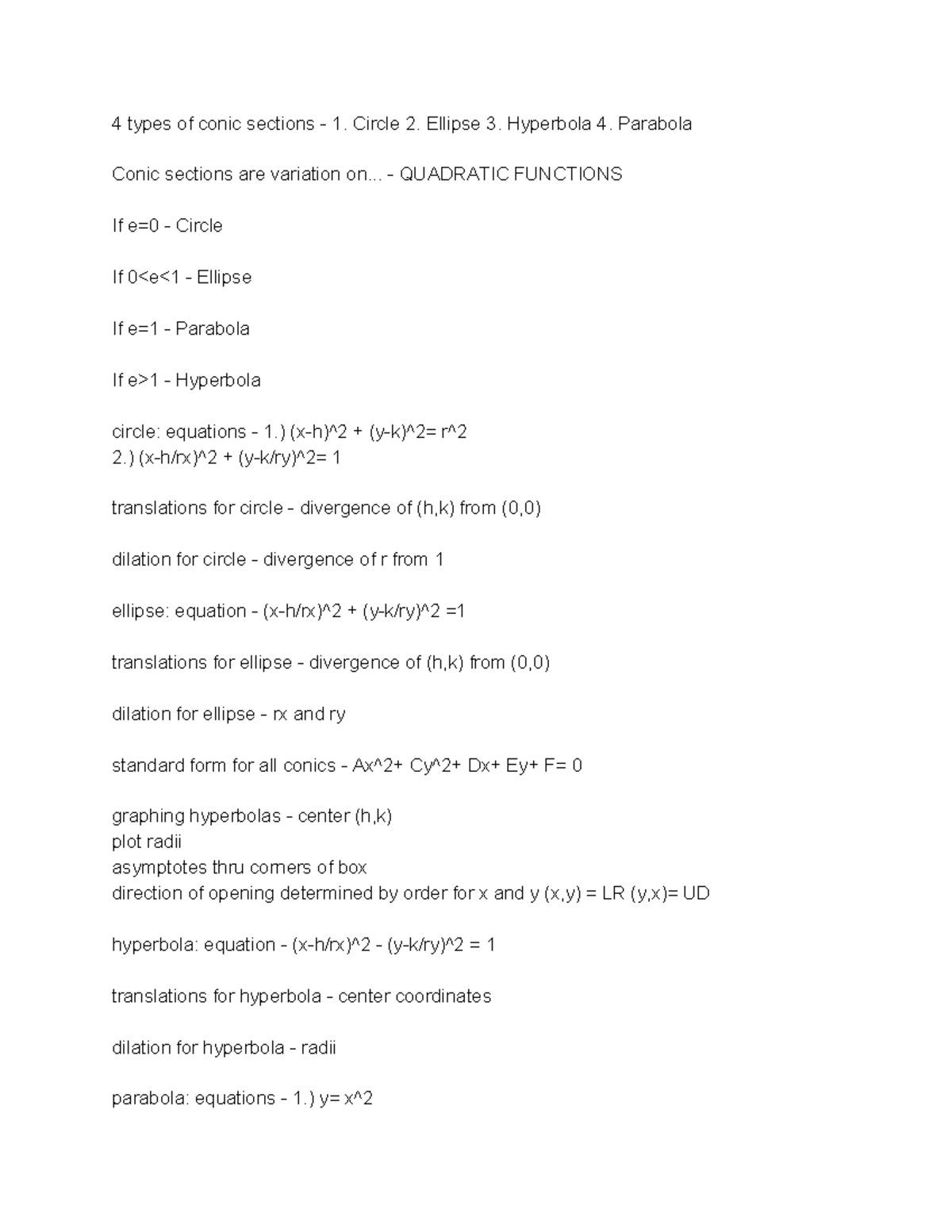 Calculus three lecture notes - 4 types of conic sections - 1. Circle 2 ...
