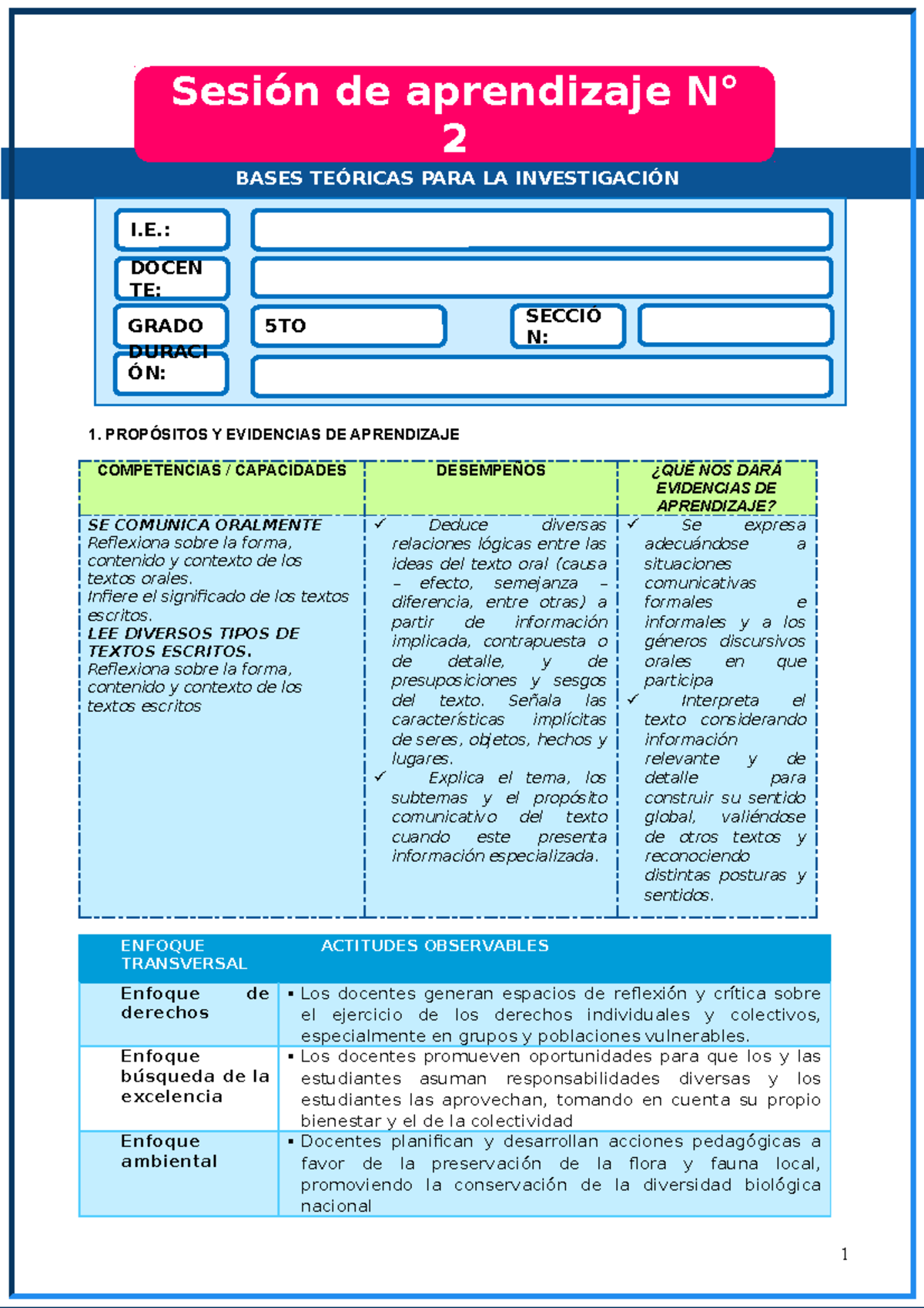 SA 2- COMU - 5TO SEC - fichas - Sesión de aprendizaje N° 2 I.: DOCEN TE: GRADO SECCIÓ N: DURACI ...
