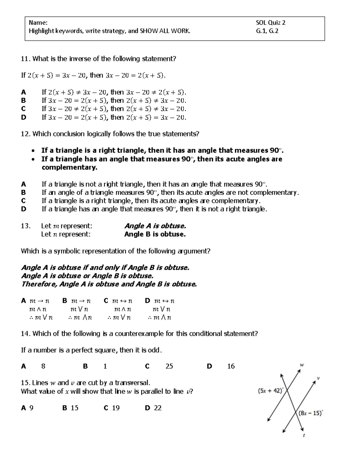 Geometry SOL Quiz 2 - Its helpful - What is the inverse of the following statement? If 2 (𝑥 + 5 ...