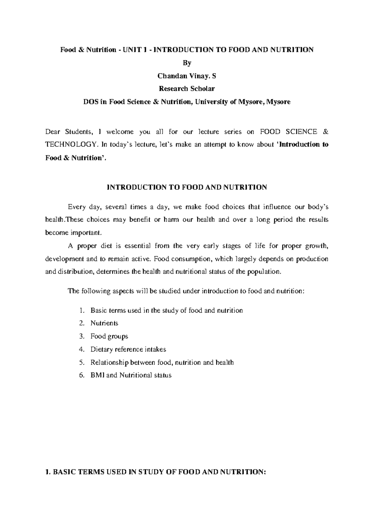 Terminology - READING - Food & Nutrition - UNIT 1 - INTRODUCTION TO ...