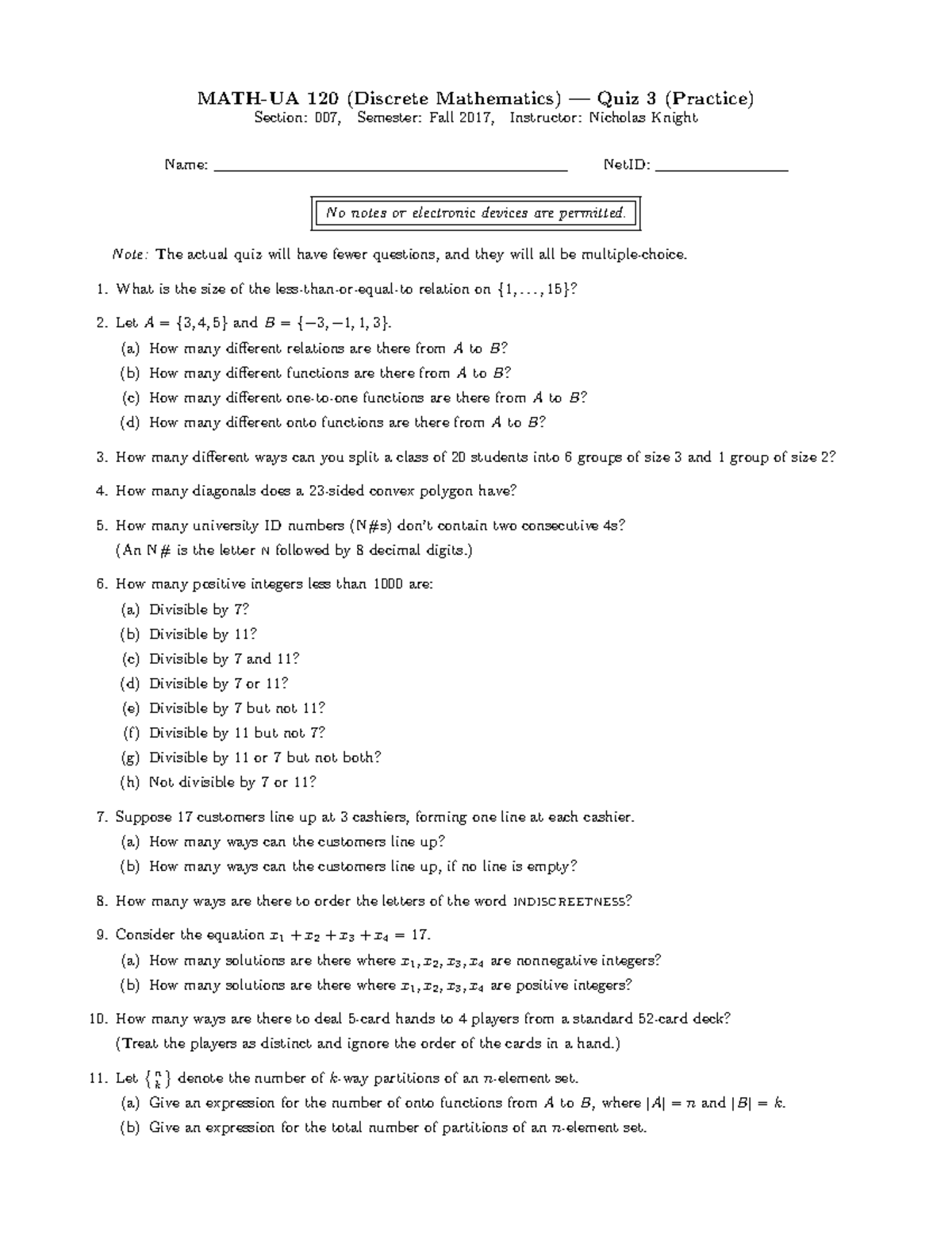 Quiz3 practice - MATH-UA 120 (Discrete Mathematics) — Quiz 3 (Practice ...