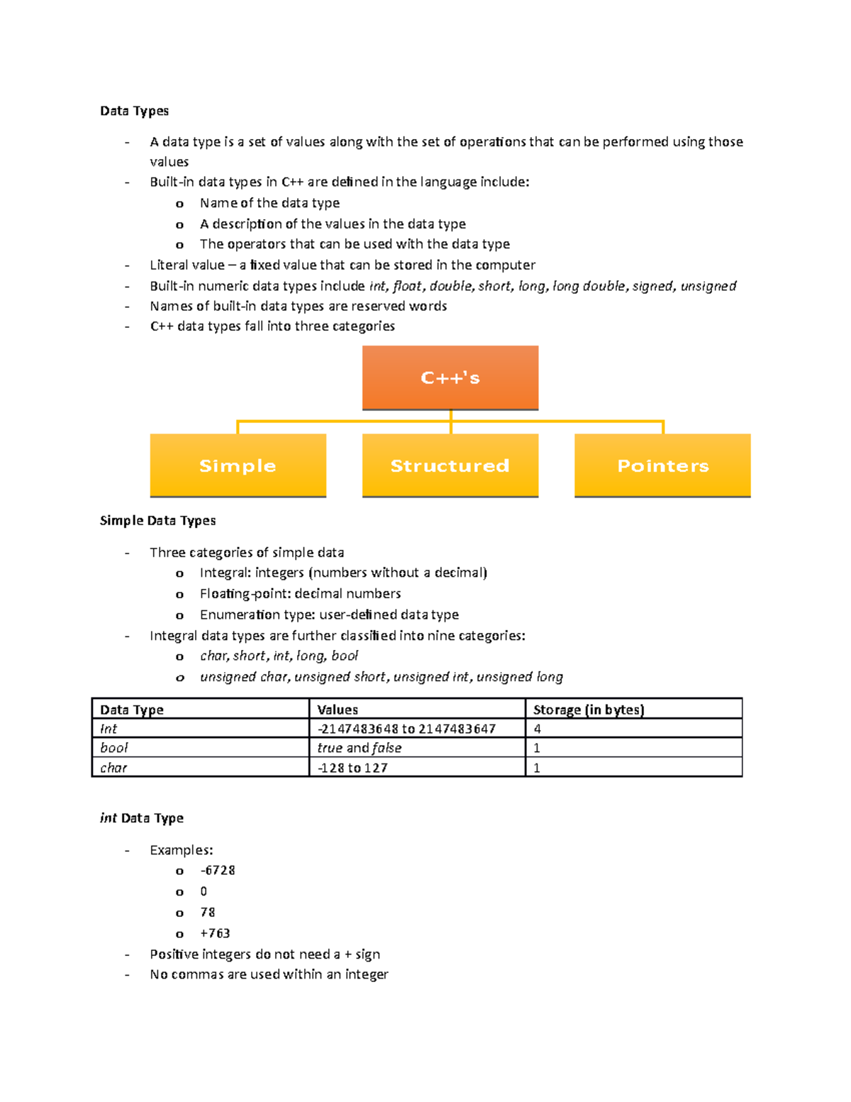 9-12-2018 Chapter 2 Notes - Data Types - A data type is a set of values ...