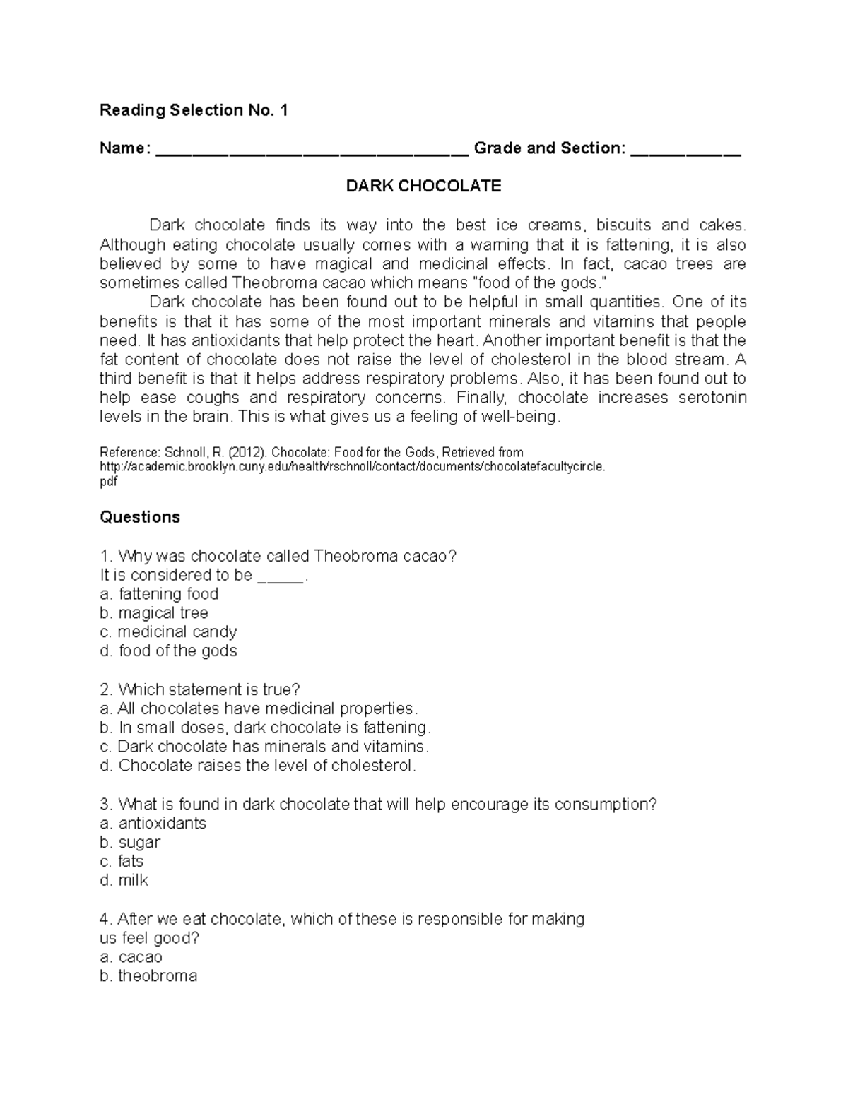 Reading Selections for Remedial - Reading Selection No. 1 Name