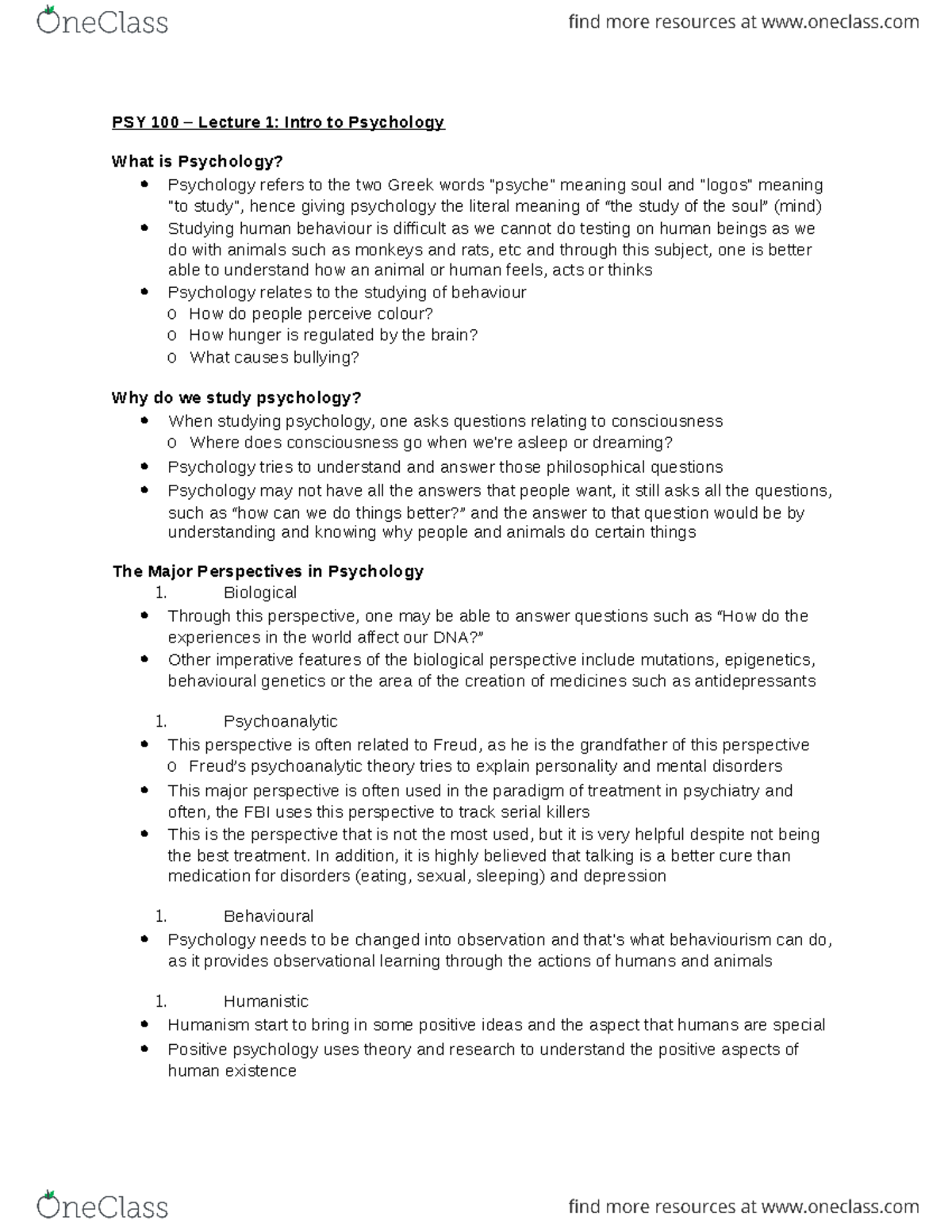 Intro to Psych - Lecture notes 1 - PSY 100 – Lecture 1: Intro to ...