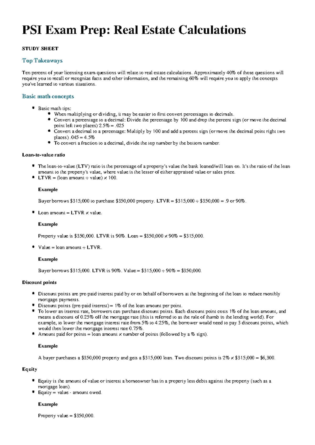 PSI 2.0 Exam Prep Real Estate Calculations Study Sheet - PSI Exam Prep ...