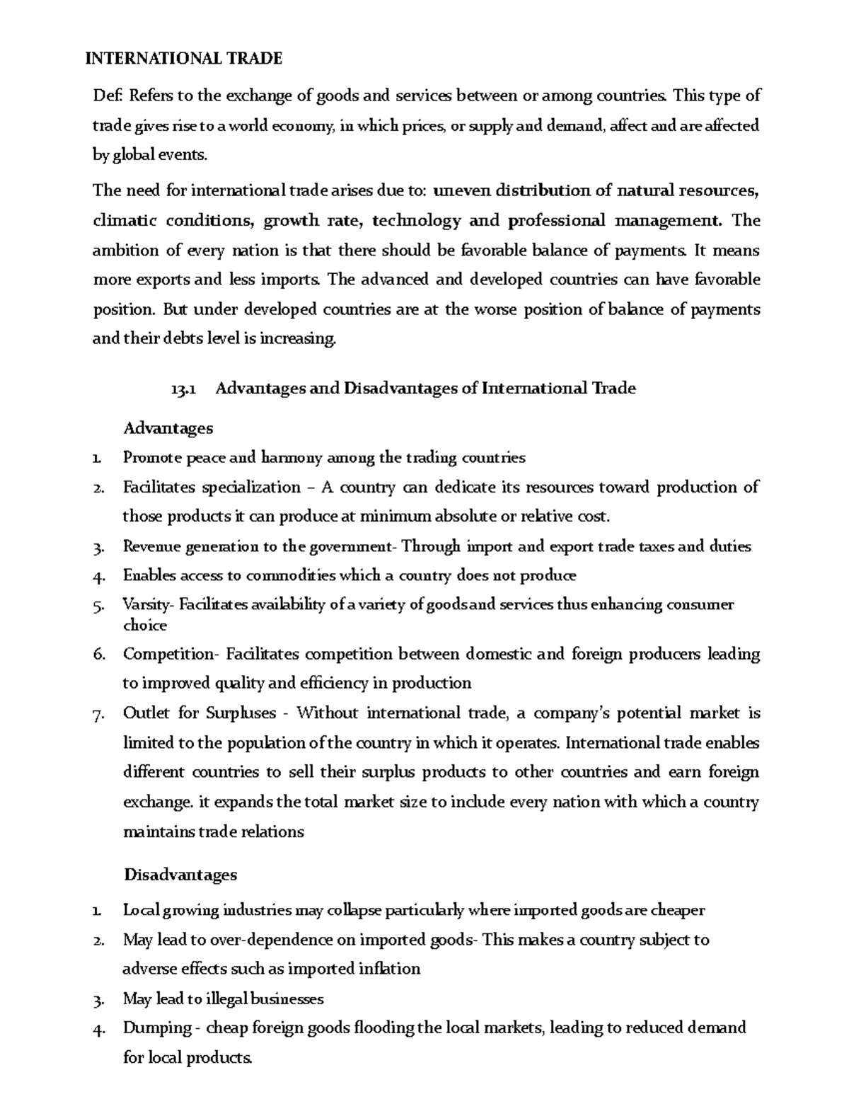Lesson 12 International Trade - INTERNATIONAL TRADE Def: Refers to the ...