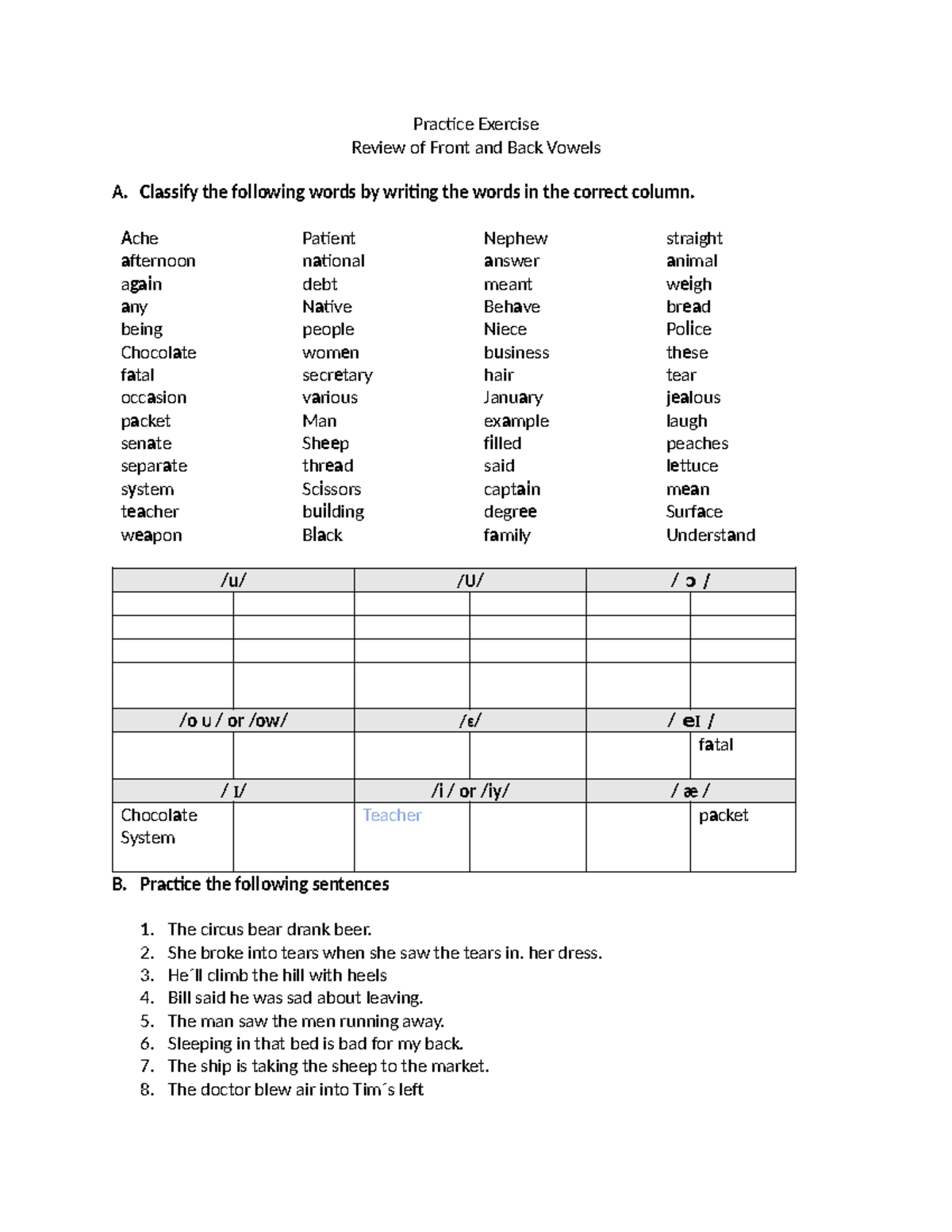 Review- Back and Front Vowel sounds copy - Practice Exercise Review of ...