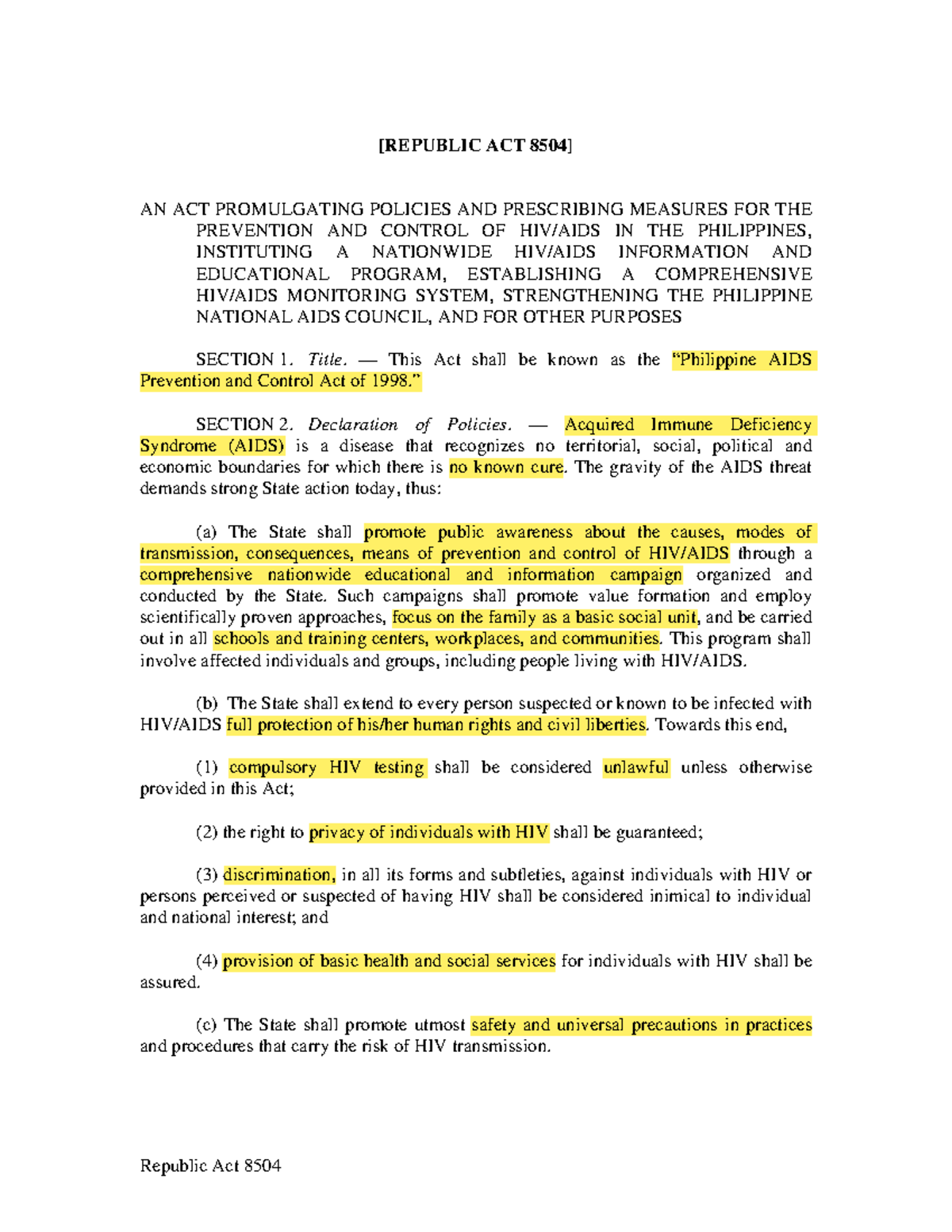 RA 8504 Philippine-AIDS-Prevention-and-Control-Act-of-1998 - Medical ...
