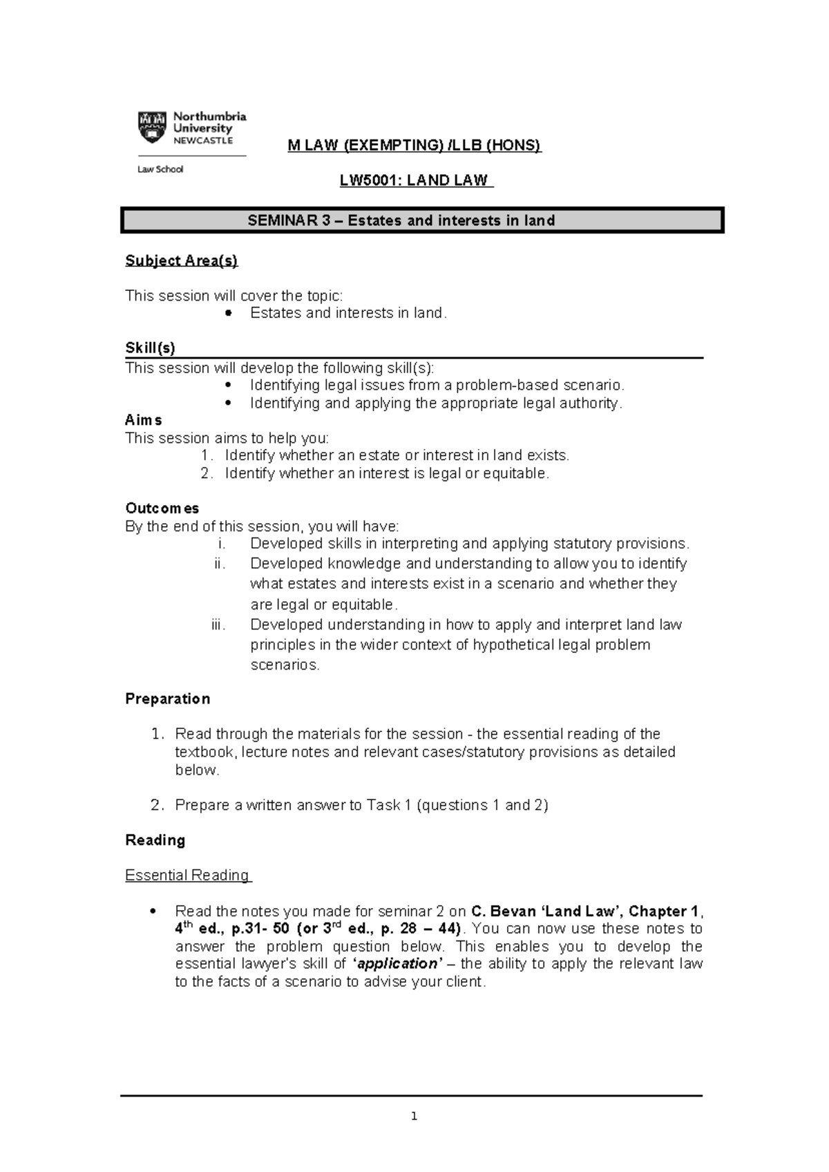 Seminar 3 - Land Law - M LAW (EXEMPTING) /LLB (HONS) LW5001: LAND LAW ...