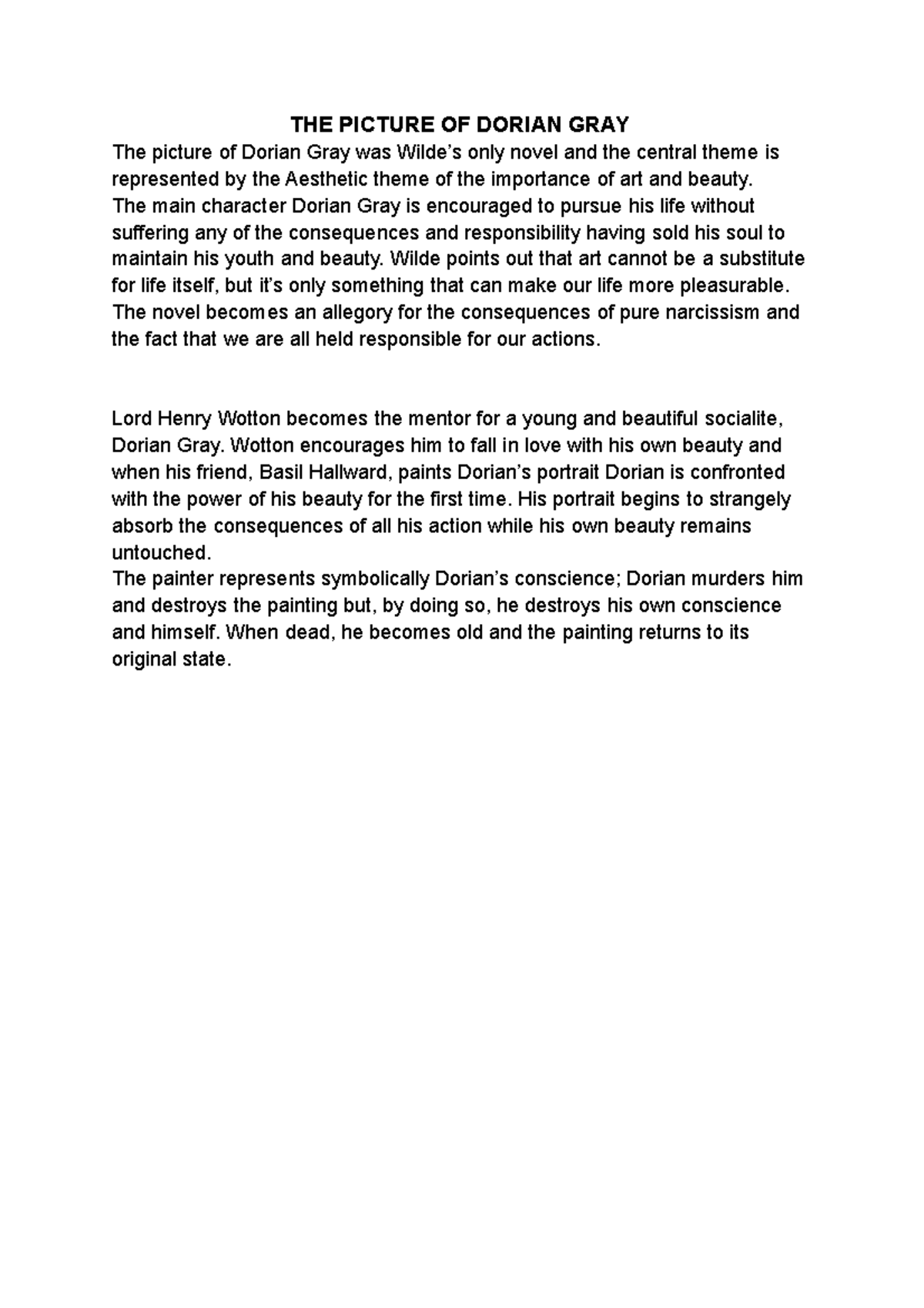 The picture of Dorian Gray - The main character Dorian Gray is ...