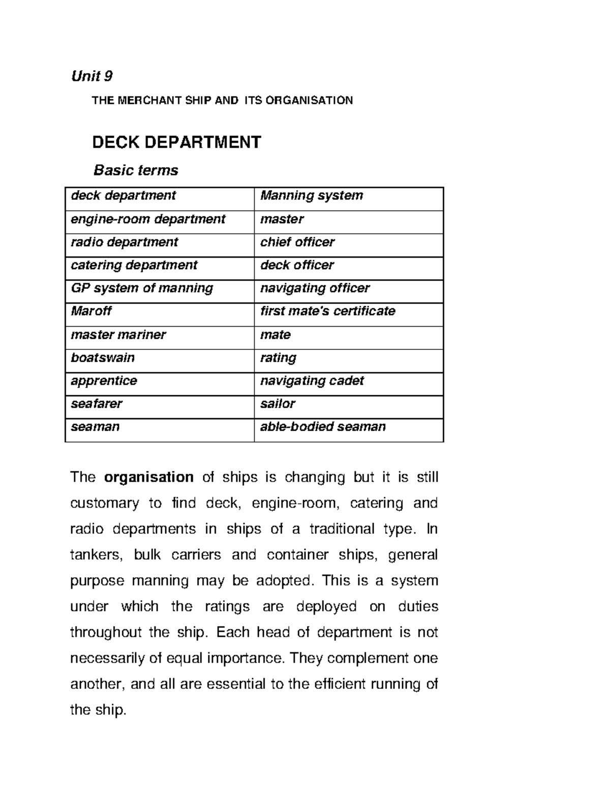 DECK Department - Deck cadet - Unit 9 THE MERCHANT SHIP AND ITS ORGANISATION DECK DEPARTMENT ...