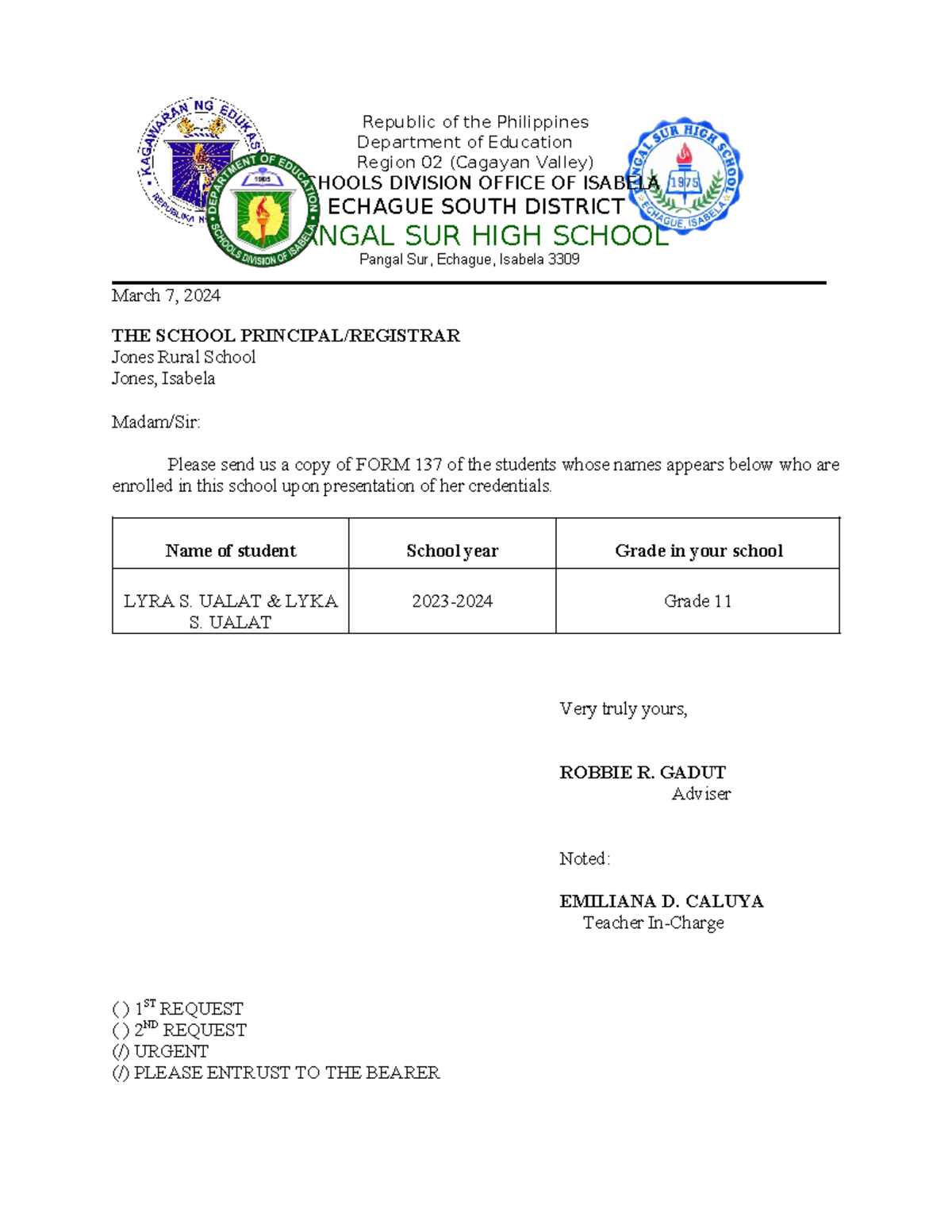 FORM 137 Request Letter 1 - Republic of the Philippines Department of ...