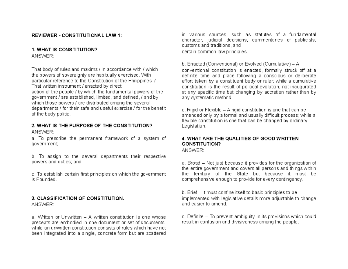 Reviewer - Constitutional LAW 1 - REVIEWER - CONSTITUTIONAL LAW 1: 1. WHAT IS CONSTITUTION ...