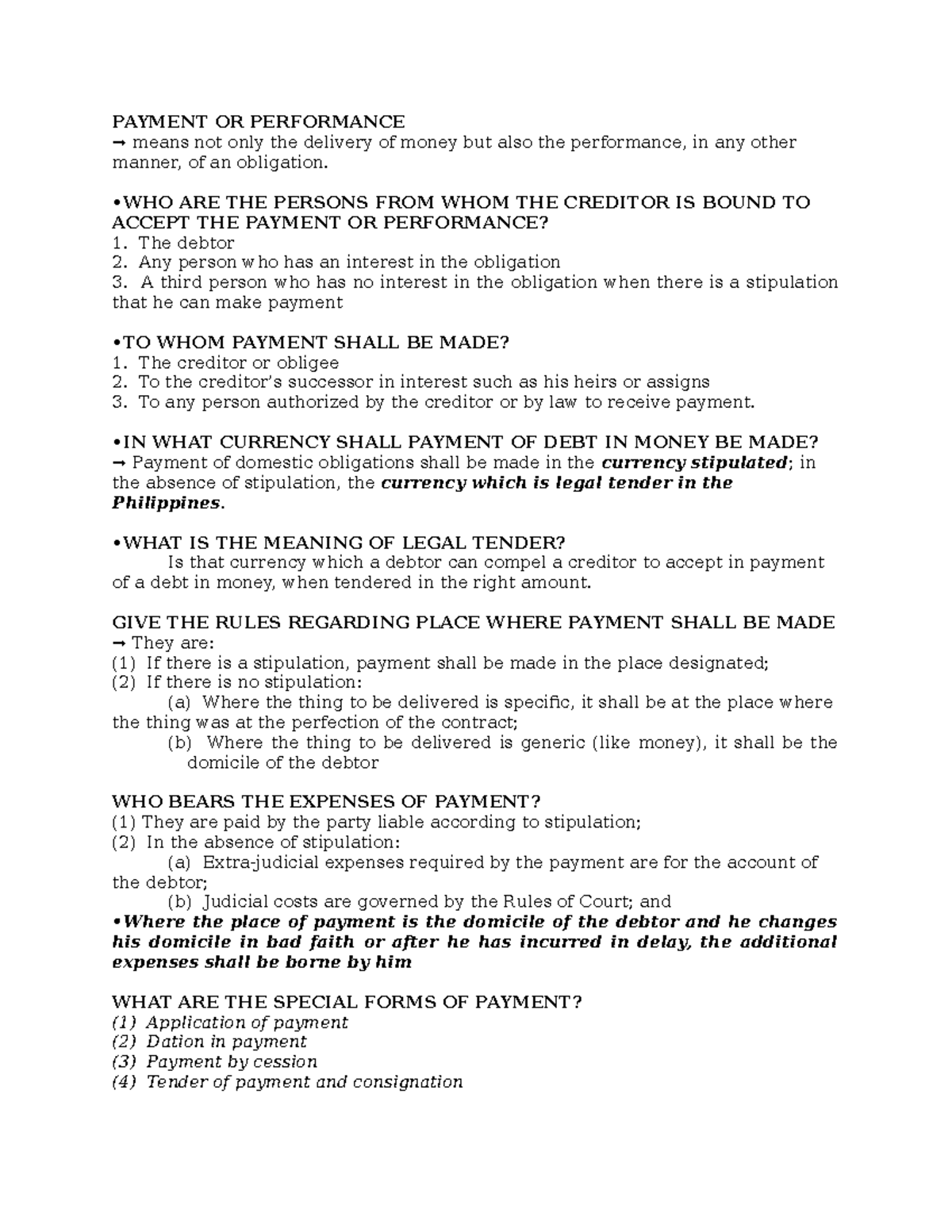 Study Guide for Second Exam - PAYMENT OR PERFORMANCE → means not only ...