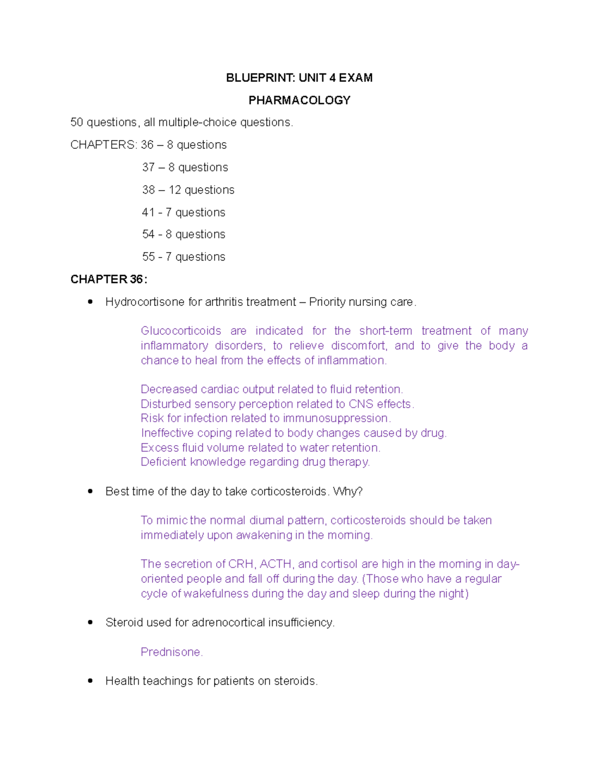 Student Unit 4 Study Guide 1301 - BLUEPRINT: UNIT 4 EXAM PHARMACOLOGY ...