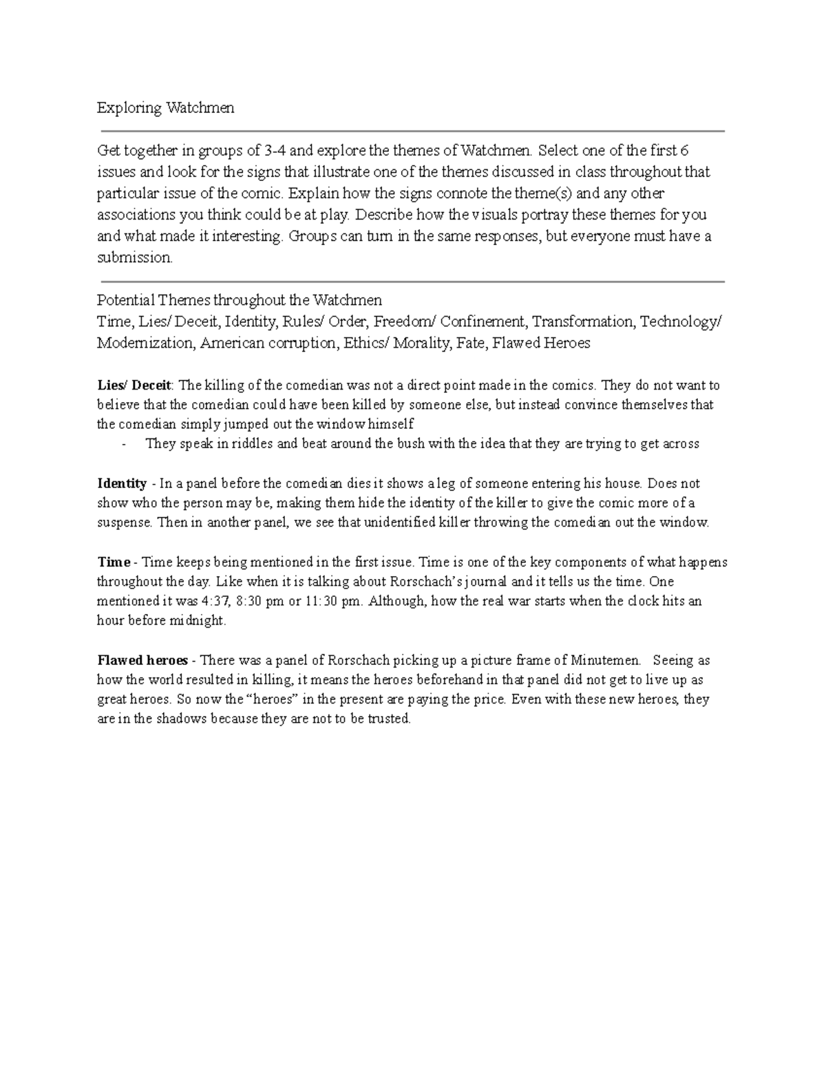 ICW 04 19 - In Class work assignment with prompt - Exploring Watchmen ...