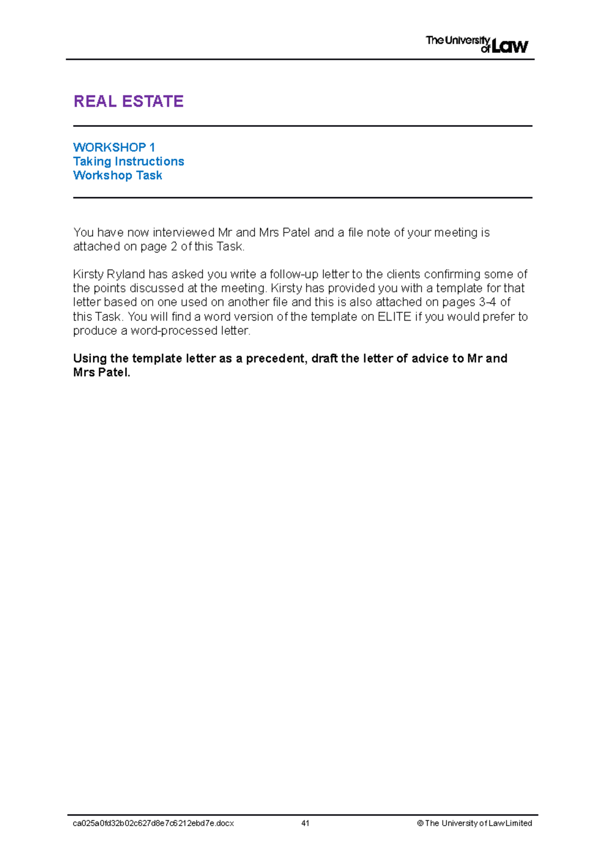 2223 re level 5 ws01 ce02 task - REAL ESTATE WORKSHOP 1 Taking ...