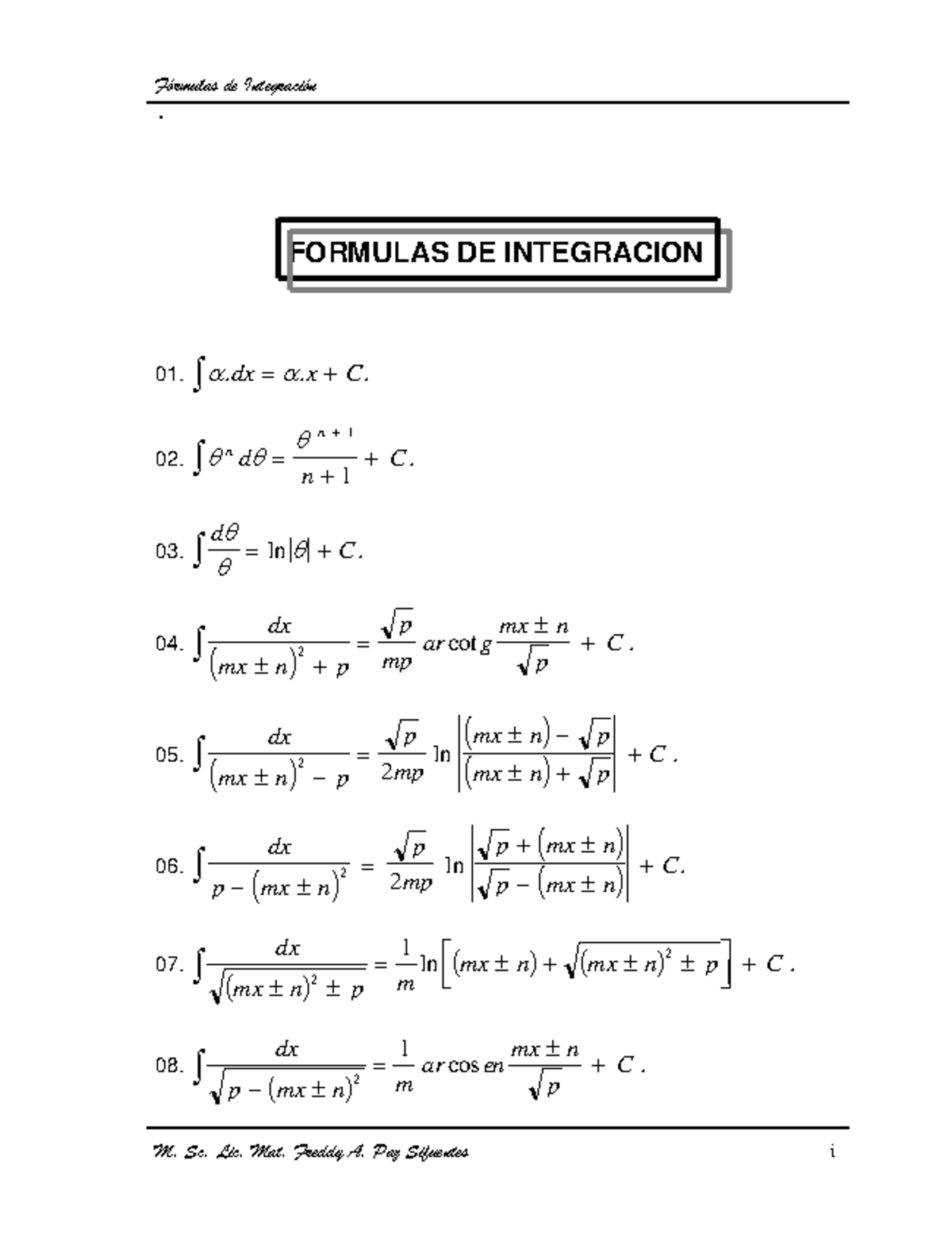 Formulas DE Integracion - Fórmulas de Integración M. Sc. Lic. Mat ...