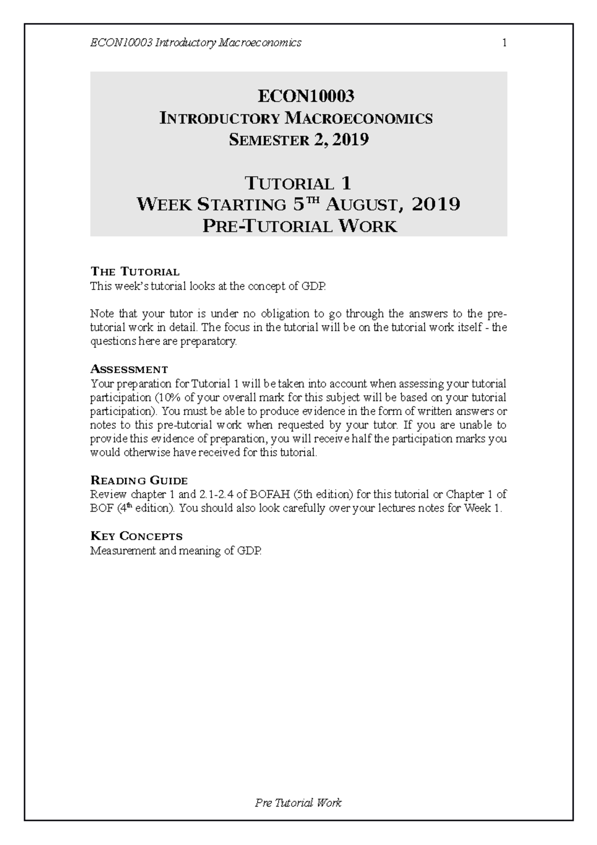 T1 Pretutorial 2019 - pre tutorial questions - Introductory Macroeconomics 1 INTRODUCTORY - Studocu