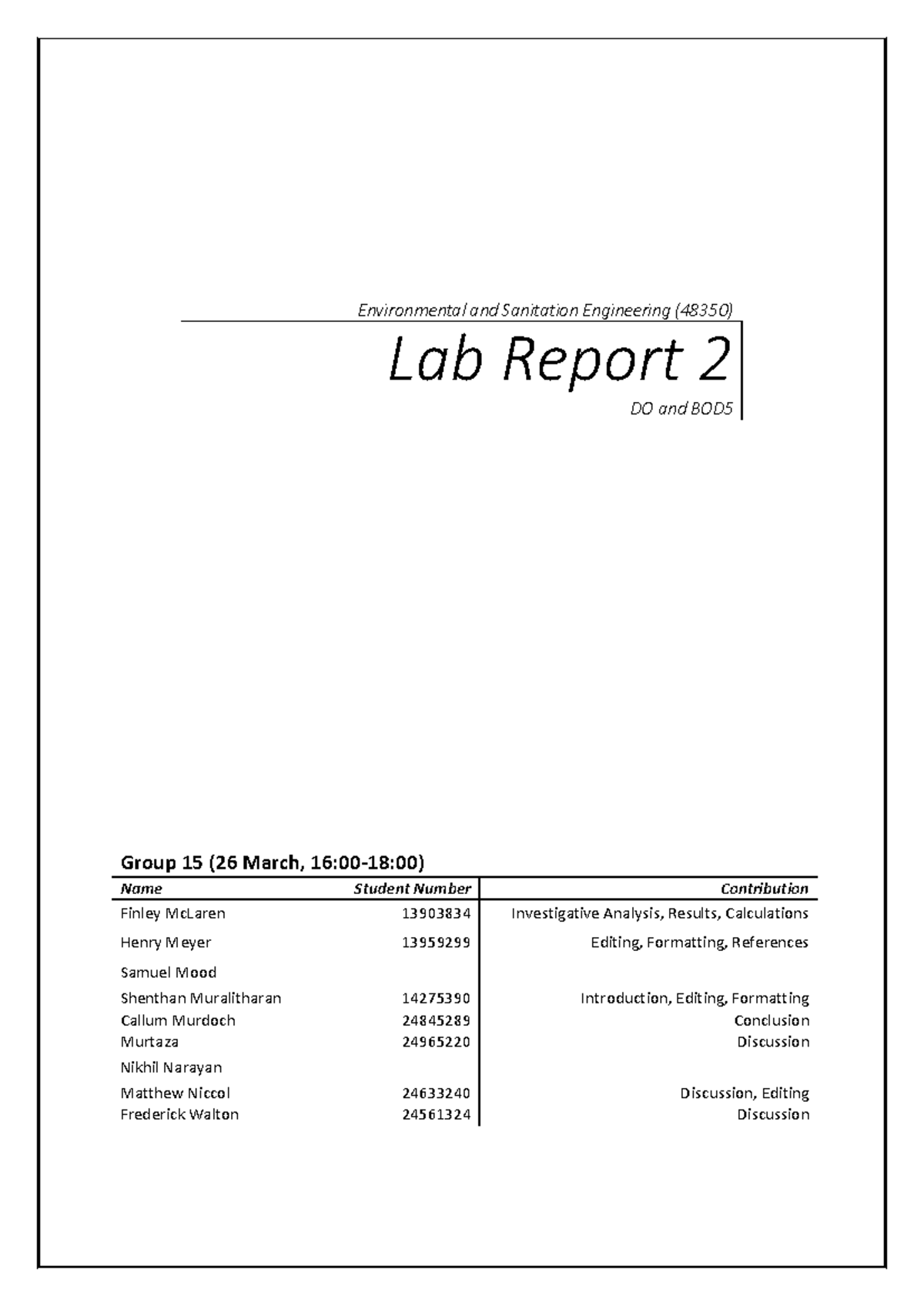 Lab 2 report - Group 15-1 - Environmental and Sanitation Engineering ...